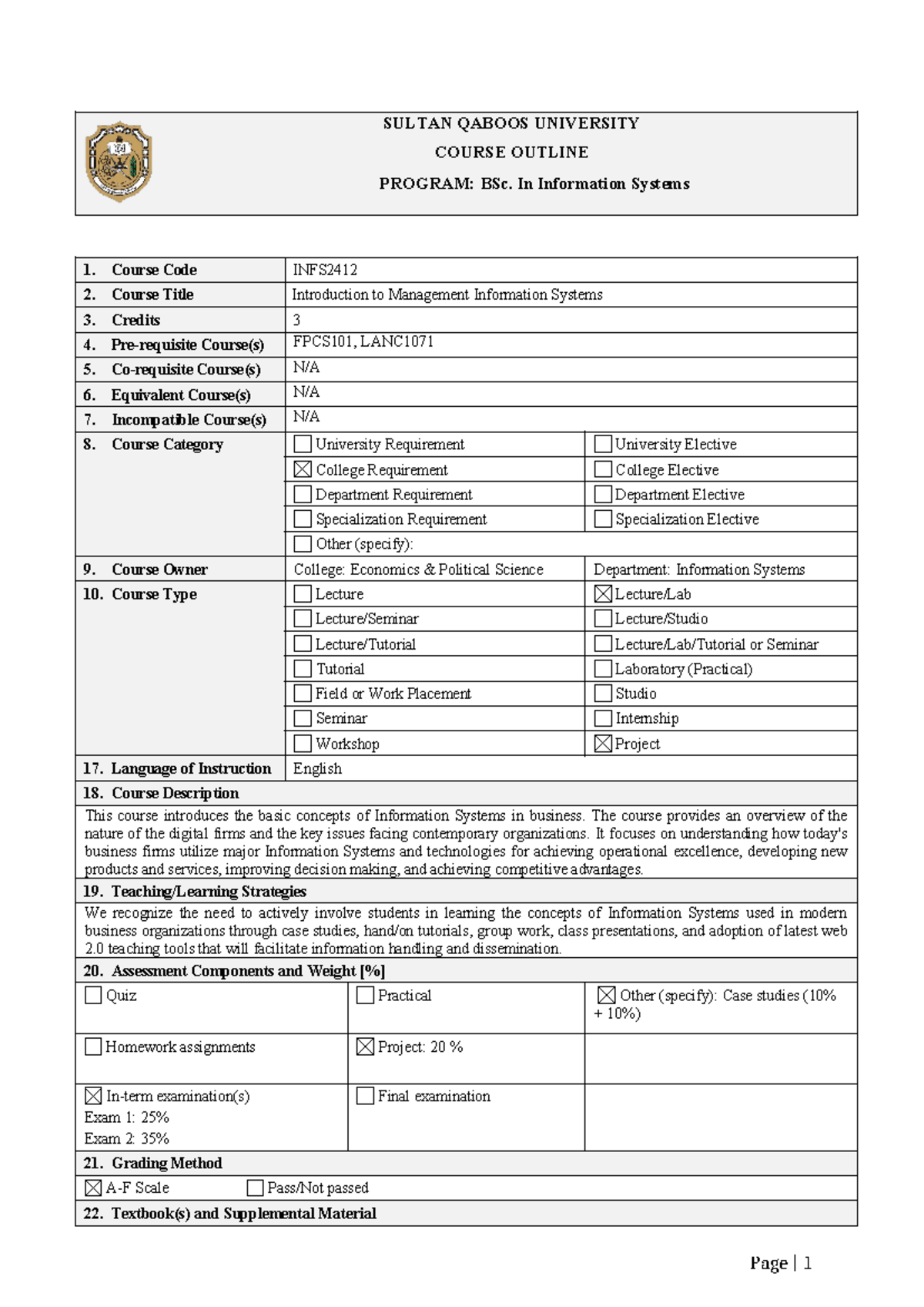 INFS2412 Course Outline Fall 2023 - SULTAN QABOOS UNIVERSITY COURSE ...