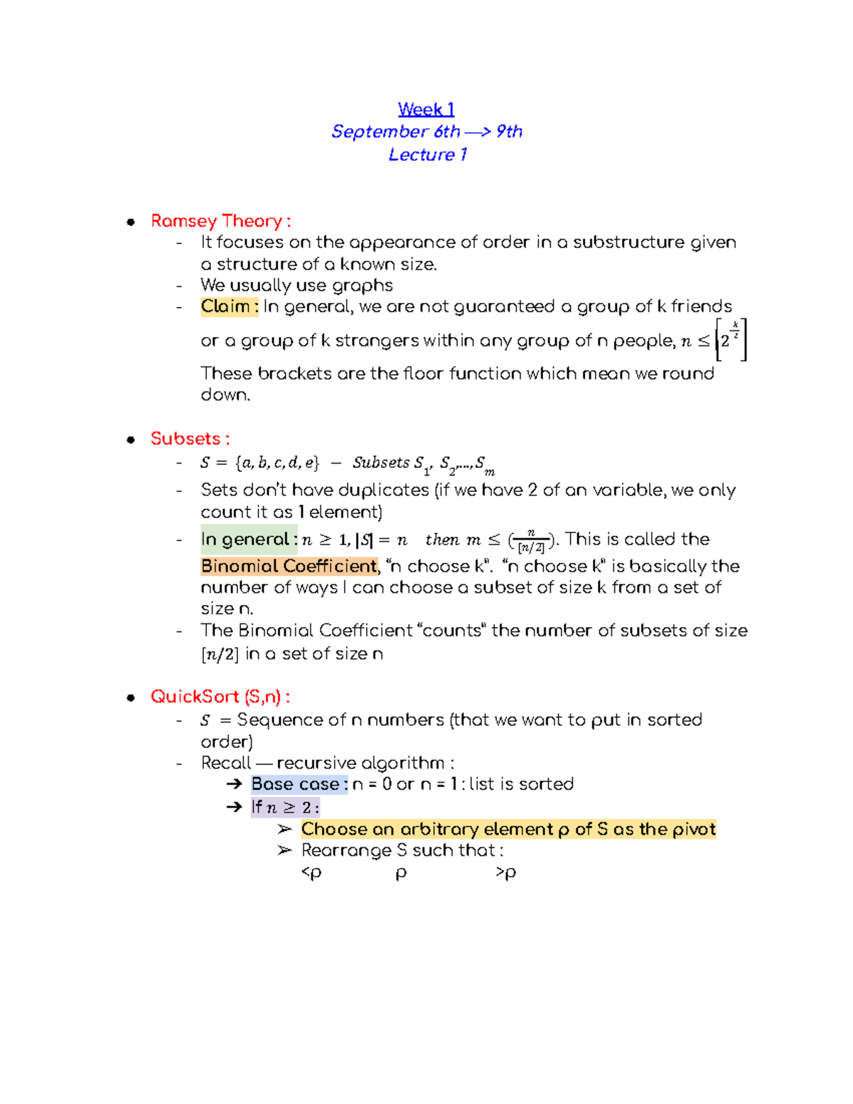2804 lecture 1 & 2 notes - Week 1 September 6th —> 9th Lecture 1 Ramsey ...
