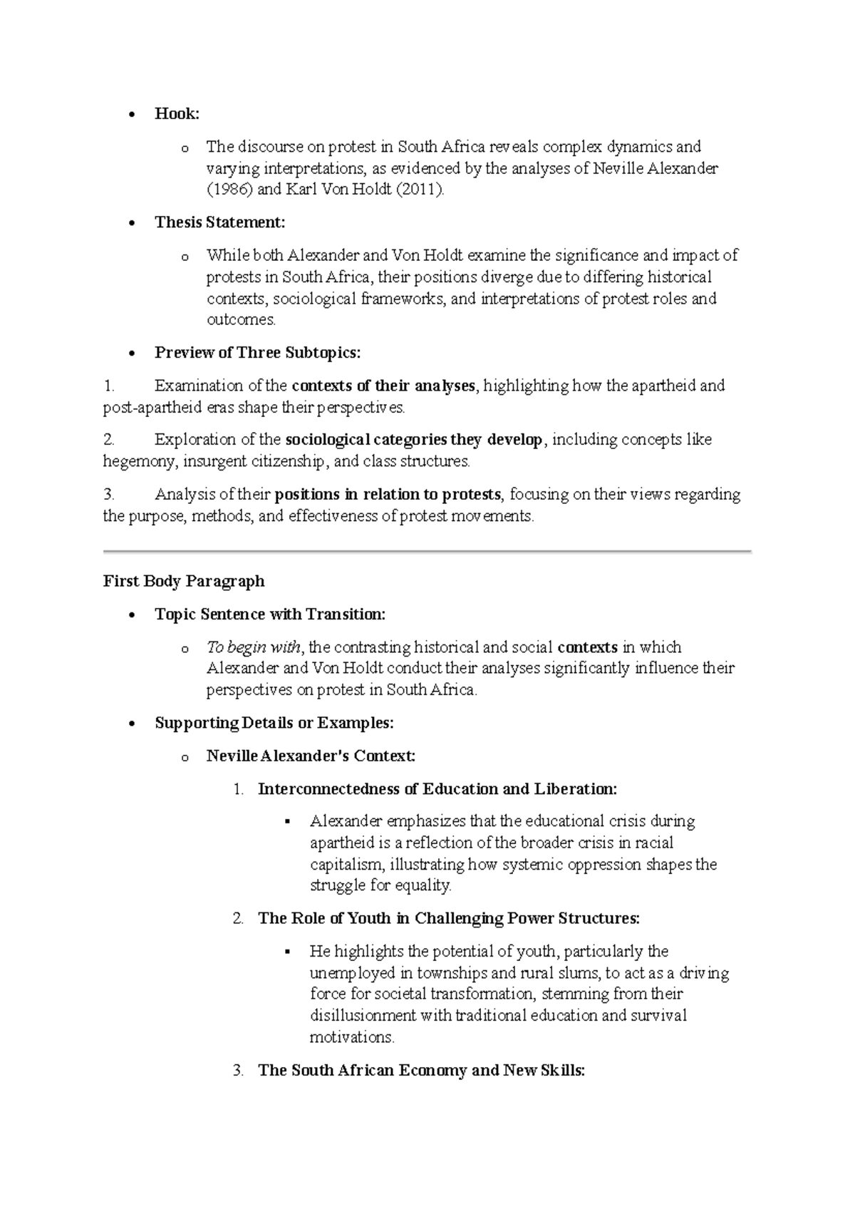 Outline of Essay - Hook: o The discourse on protest in South Africa ...