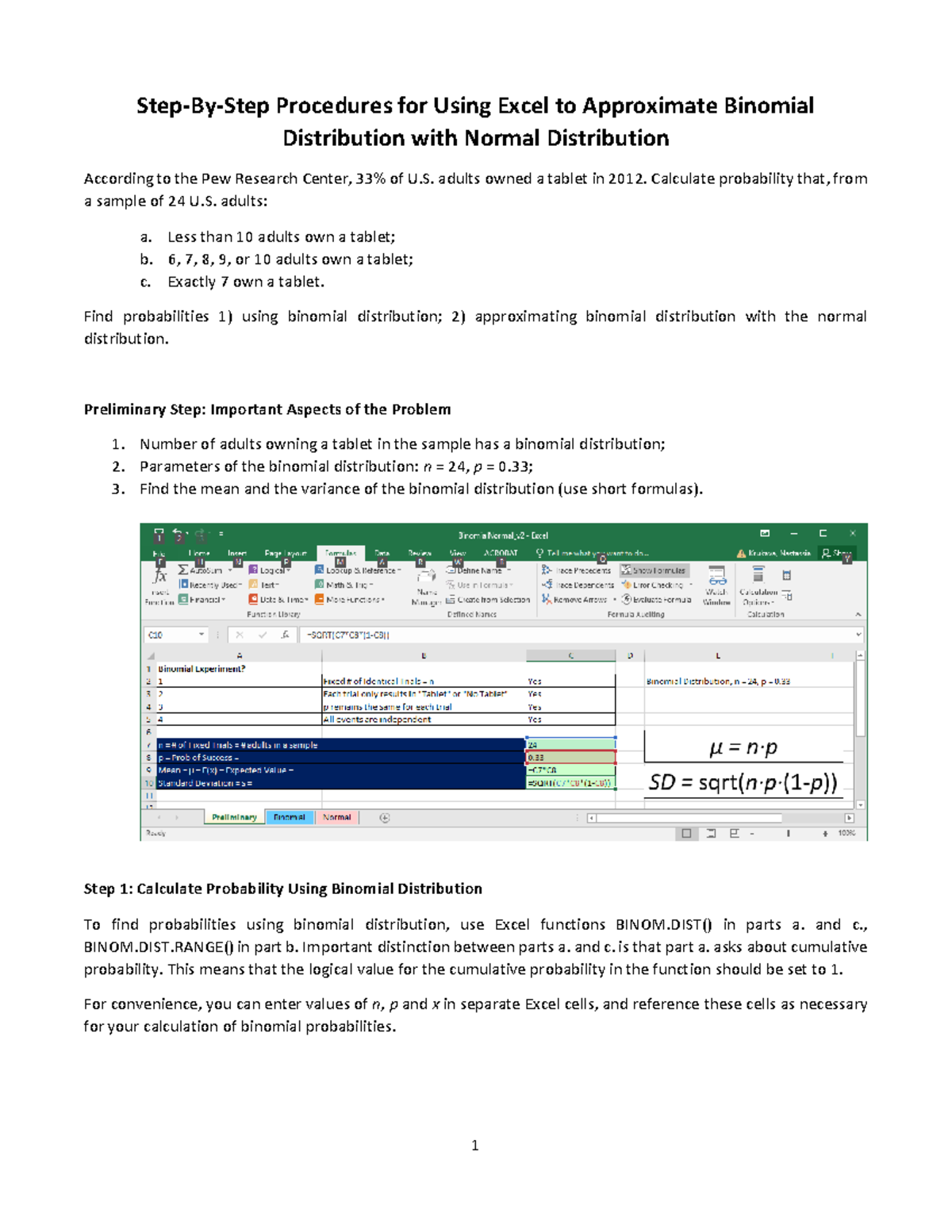 Ch 6 - Excel Instructions (Binomial Normal) - Step‐By‐Step Procedures for Using Excel to ...