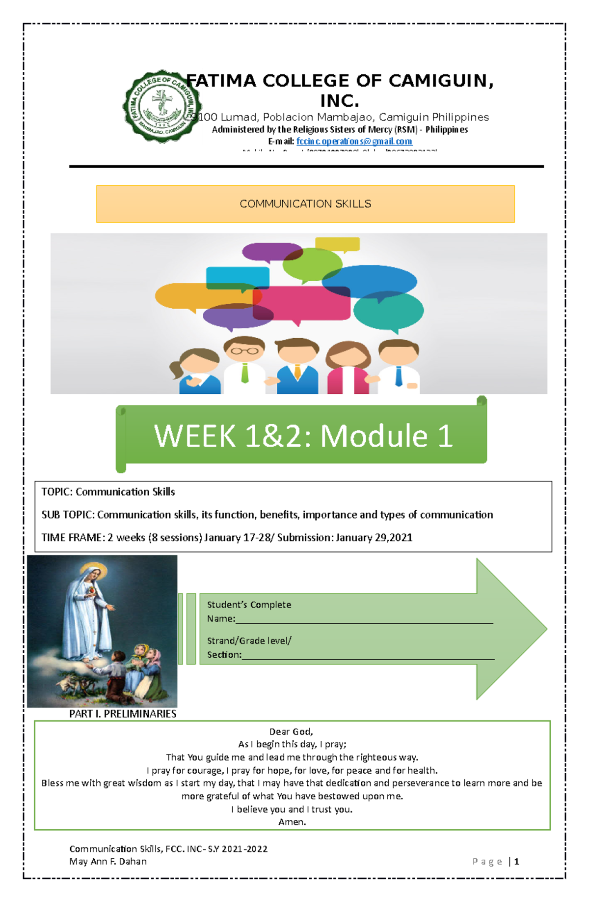 Module WEEK 1 and 2 COMM Skills - PART I. PRELIMINARIES OPENING PRAYER ...
