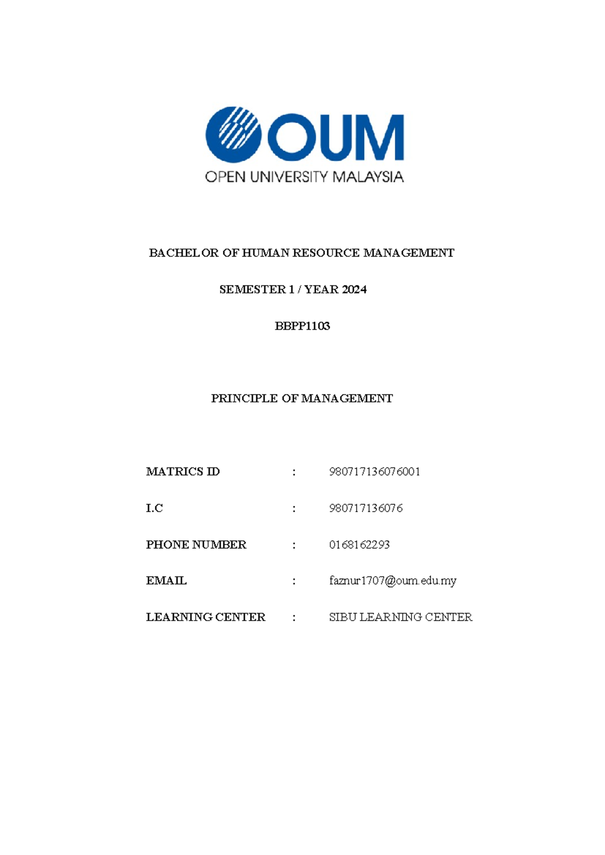 BBPP1103 - BACHELOR OF HUMAN RESOURCE MANAGEMENT SEMESTER 1 / YEAR 2024 ...