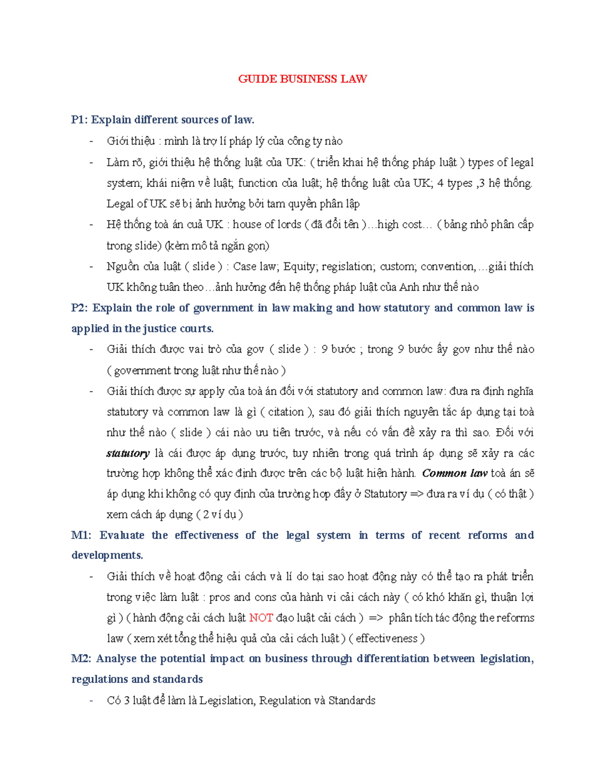 Guide Business LAW A1 - GUIDE BUSINESS LAW P1: Explain different ...