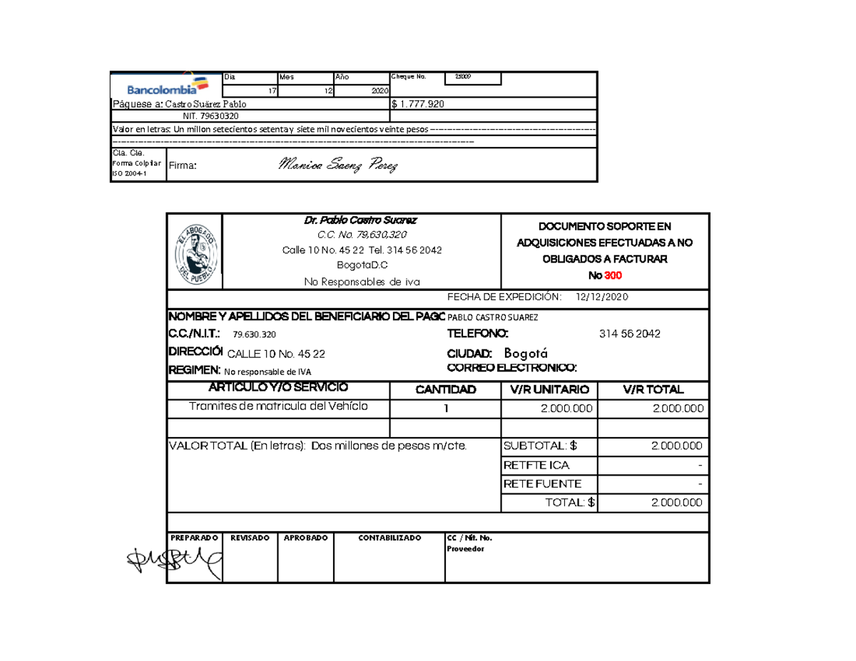 Factura Y Cheque - Día Mes Año Cheque No. 25009 17 12 Cta. Cte. Forma ...