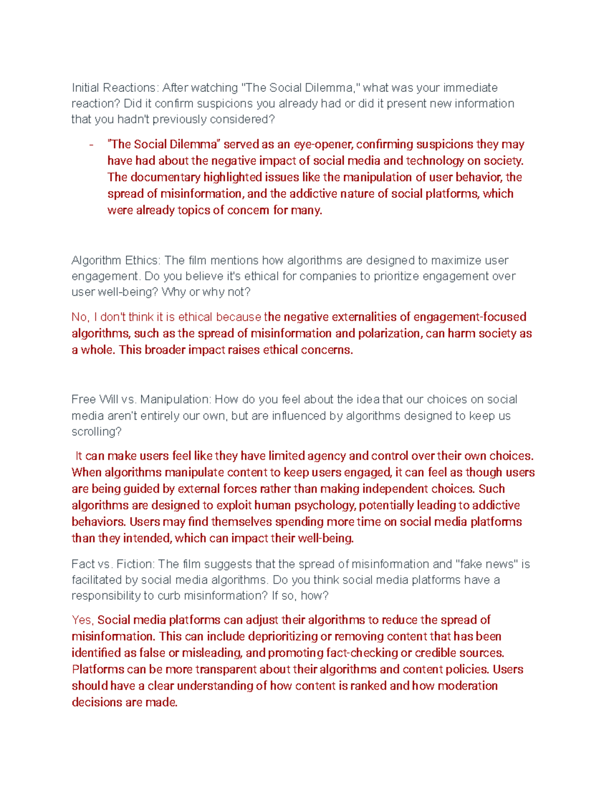 Social DIlemma ques - Initial Reactions: After watching "The Social ...