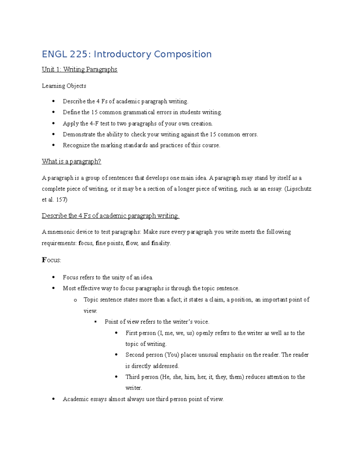 ENGL 225 Unit 1 - Unit 1 notes - ENGL 225: Introductory Composition ...