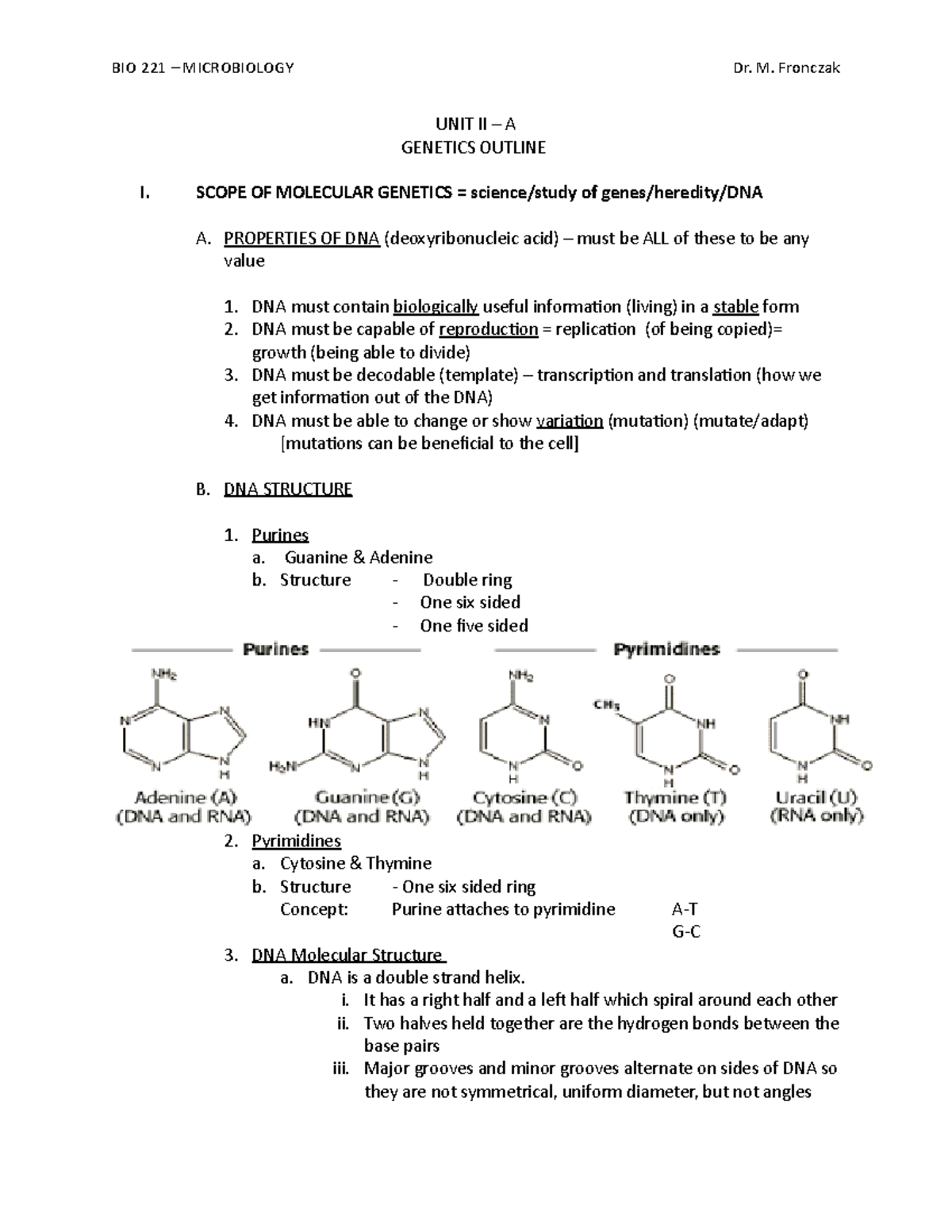 Micro Unit 2 Outline - Dr Fronczak - UNIT II – A GENETICS OUTLINE I ...