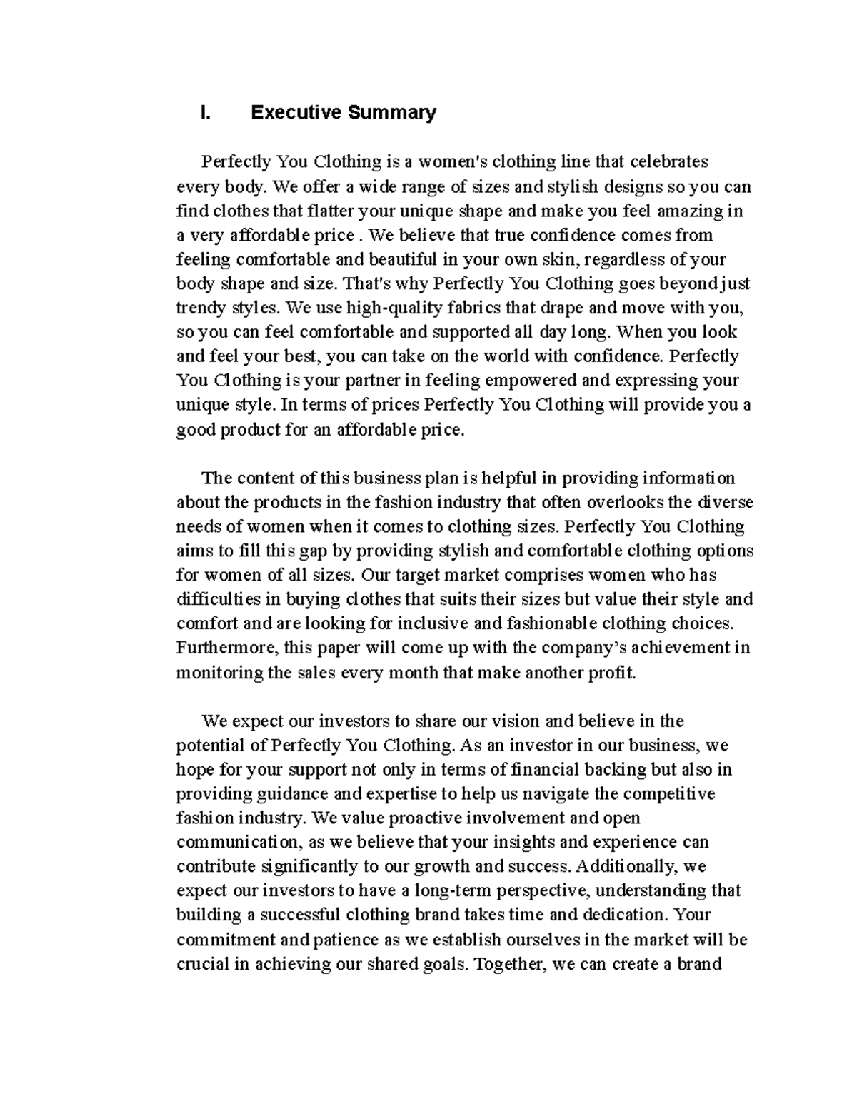 Business Plan - I. Executive Summary Perfectly You Clothing is a women ...