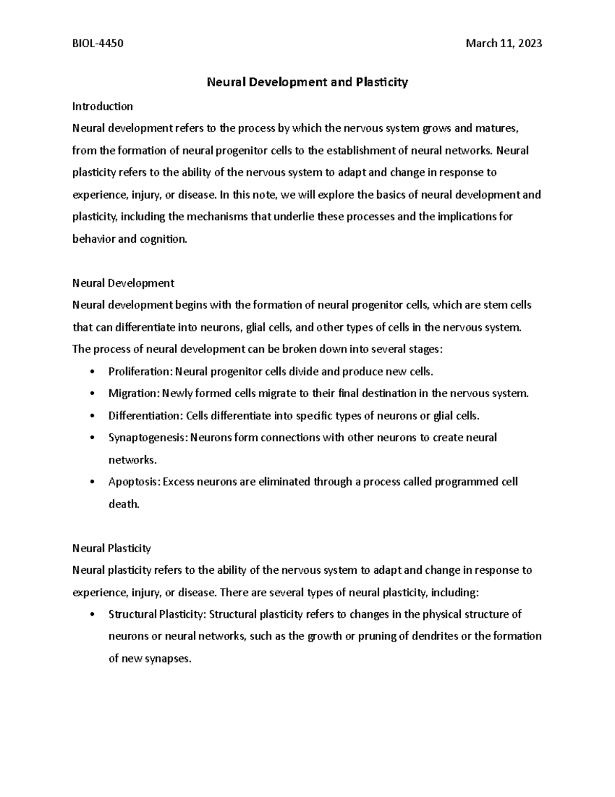 Neural Development And Plasticity Biol 4450 March 11 2023 Neural Development And Plasticity 