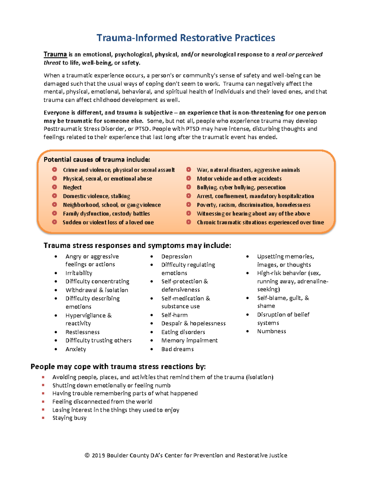 Trauma Informed Restorative Practices Handout - Trauma-Informed Restorative Practices Trauma is ...