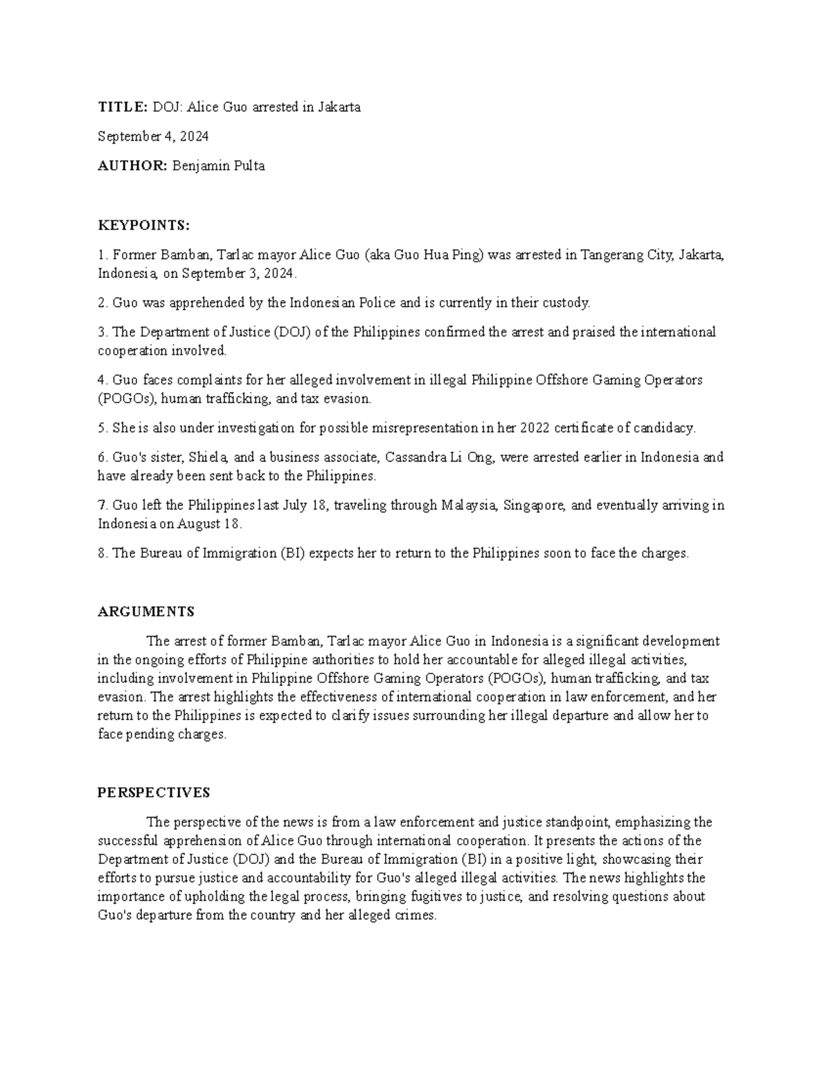 TCW Alice GUO Report - Essay - TITLE: DOJ: Alice Guo arrested in Jakarta September 4, 2024 ...
