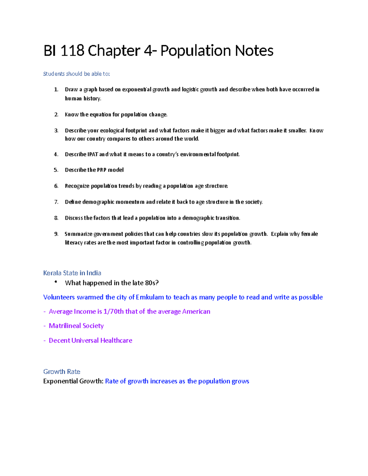 BI 118 - Chapter 4 Notes - BI 118 Chapter 4- Population Notes Students ...