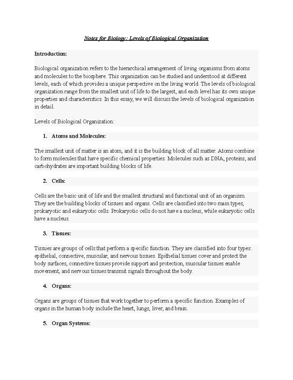 Notes for Biology Levels of Biological Organization - Notes for Biology ...