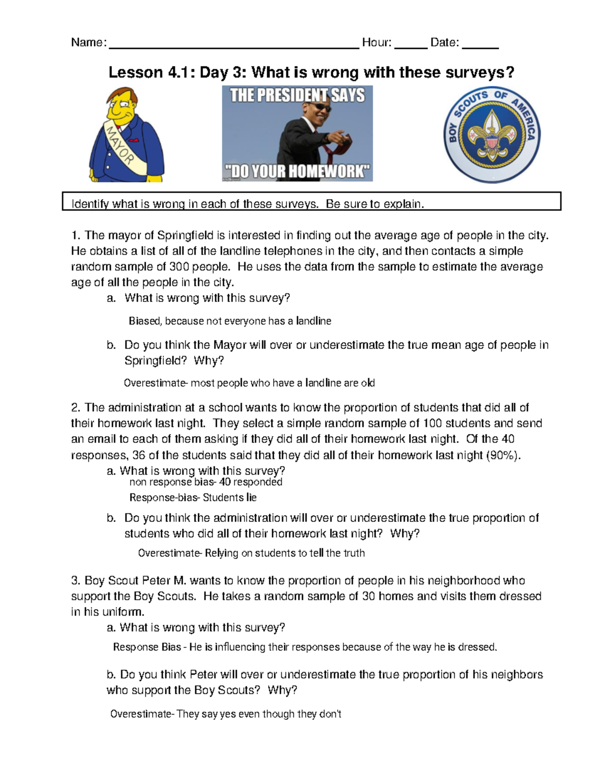 Amrita Rani - APStats Lesson 4 - Name: Hour: Date: Lesson 4: Day 3 ...