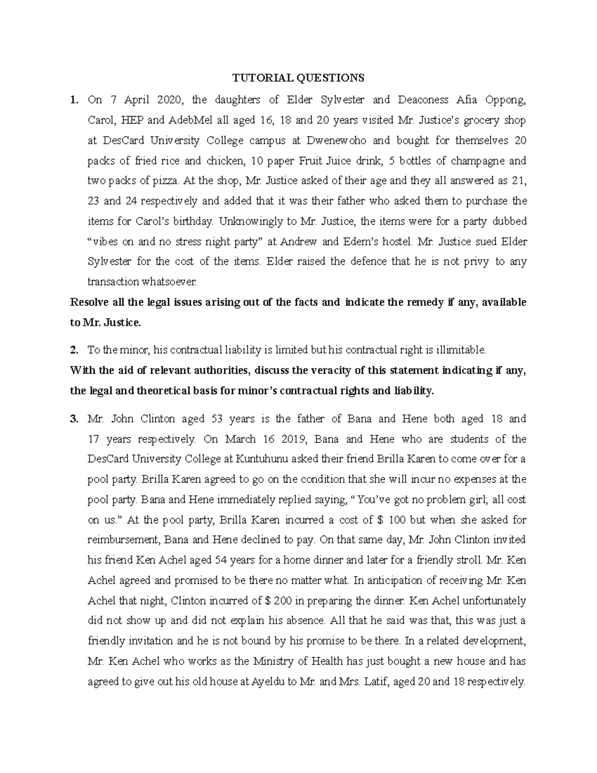 Tutorial Questions ( Intention AND Capacity) - TUTORIAL QUESTIONS 1. On ...