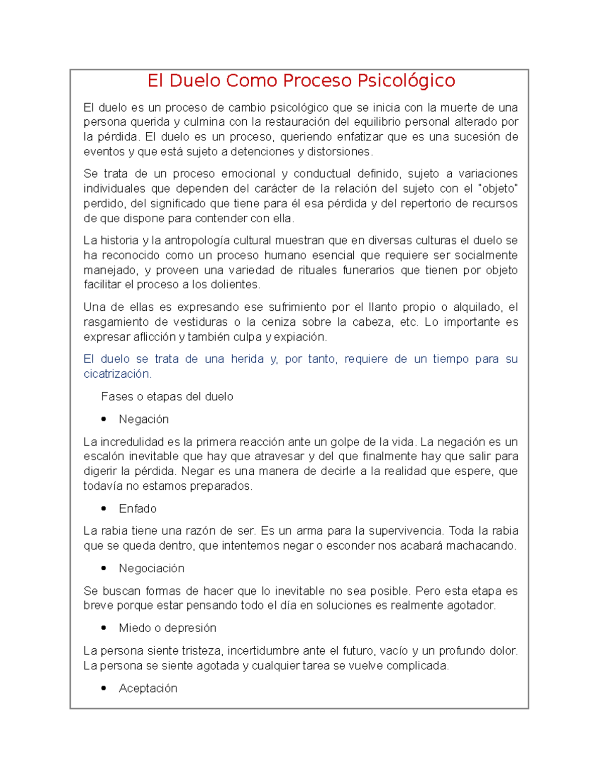 El Duelo Como Proceso Psicológico - El Duelo Como Proceso Psicológico El duelo es un proceso de ...