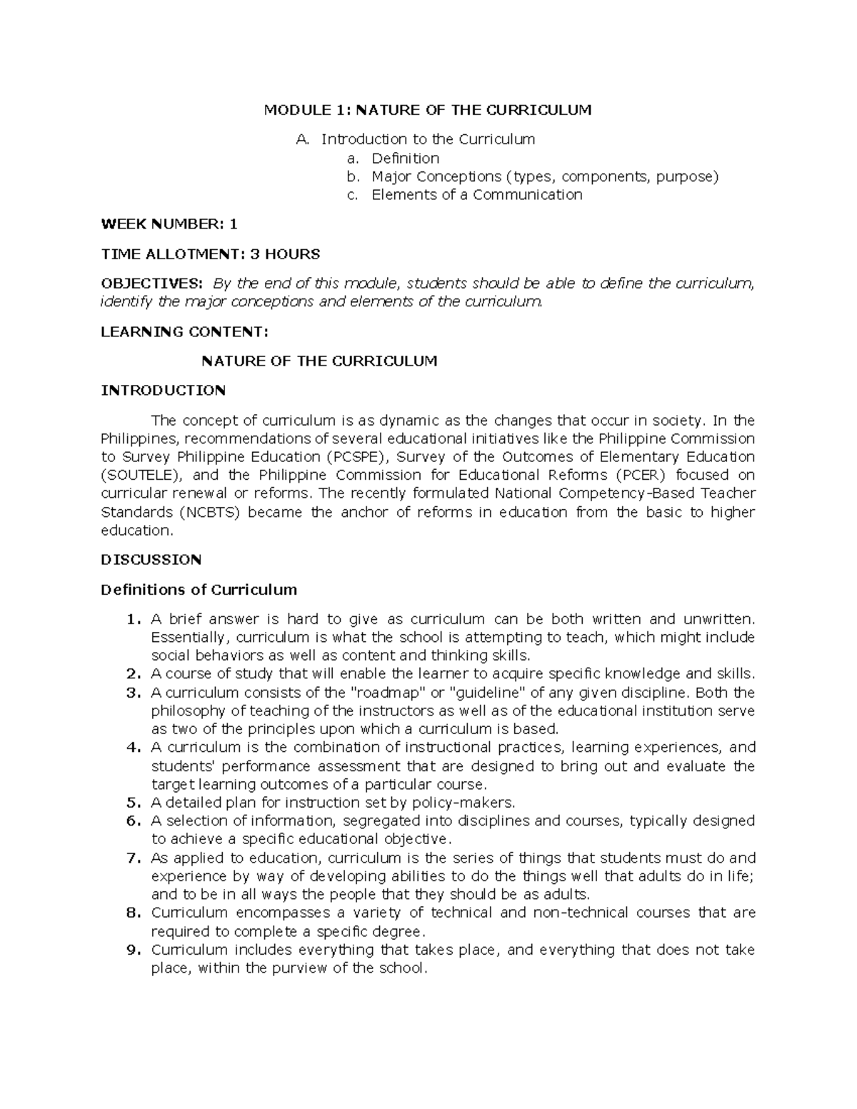 EDUC 109- WEEK 1 - The Teacher and the School Curriculum module ...