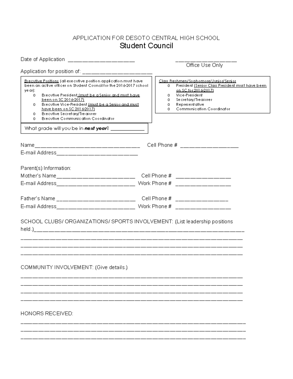 Student Council Applications - APPLICATION FOR DESOTO CENTRAL HIGH ...