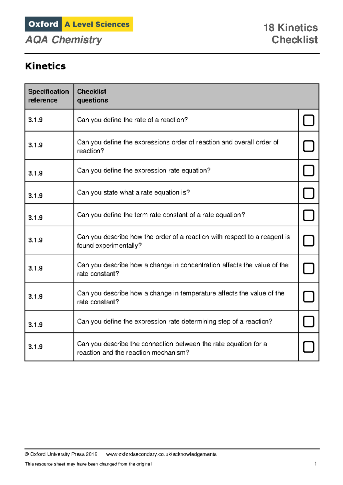 Kinetics- checklist - 18 Kinetics AQA Chemistry Checklist © Oxford ...