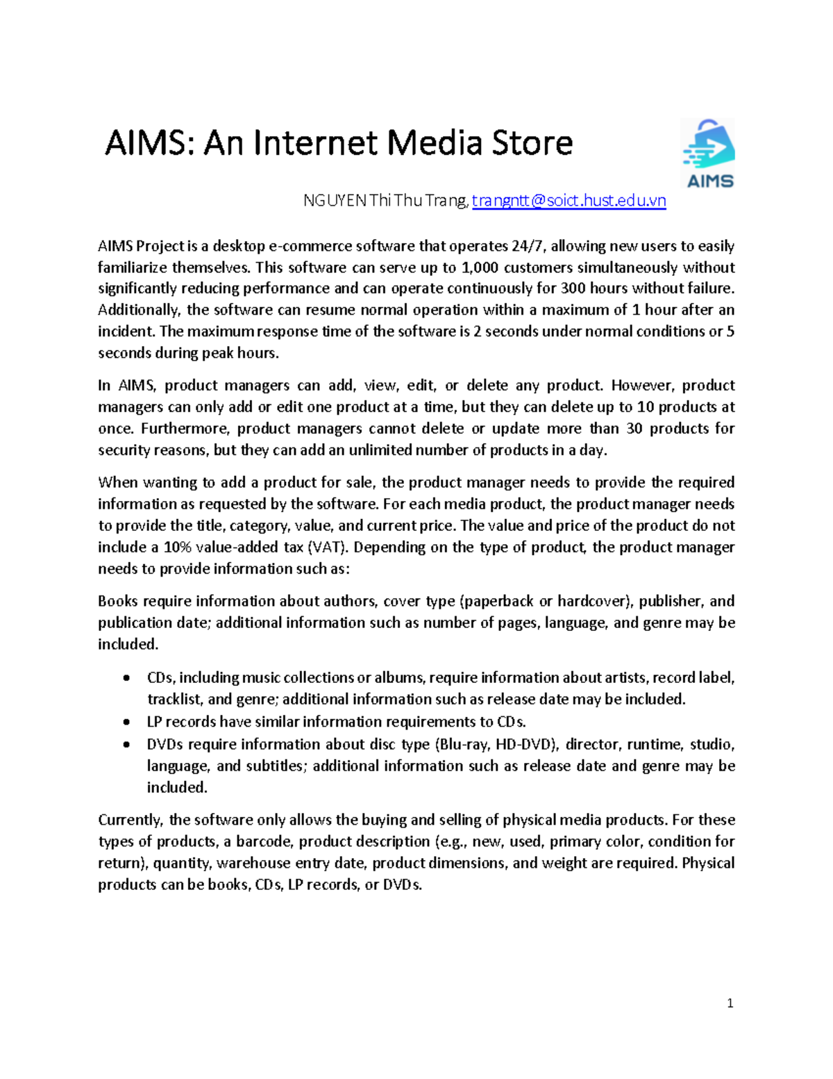 AIMS-Problem Statement-v1 - AIMS: An Internet Media Store NGUYEN Thi ...