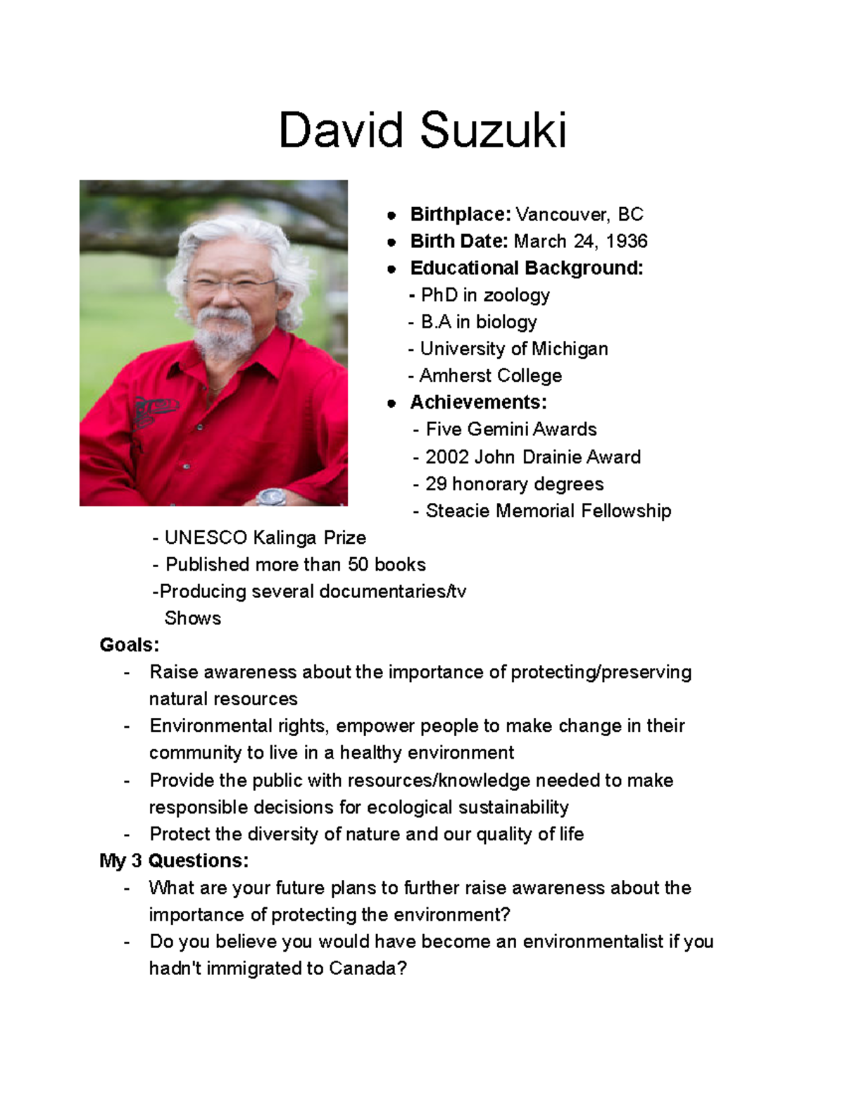 David Suzuki Biography - David Suzuki Birthplace: Vancouver, BC Birth ...