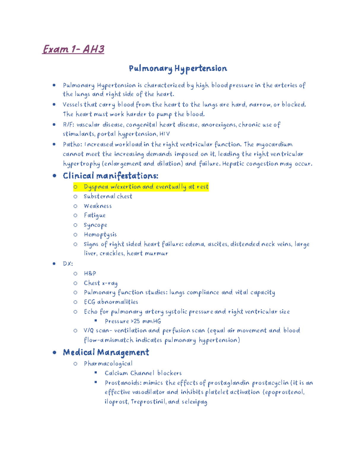 AH3 Exam 1 notes PDF - Pulmonary hypertension, HF, Spinal cord injury ...