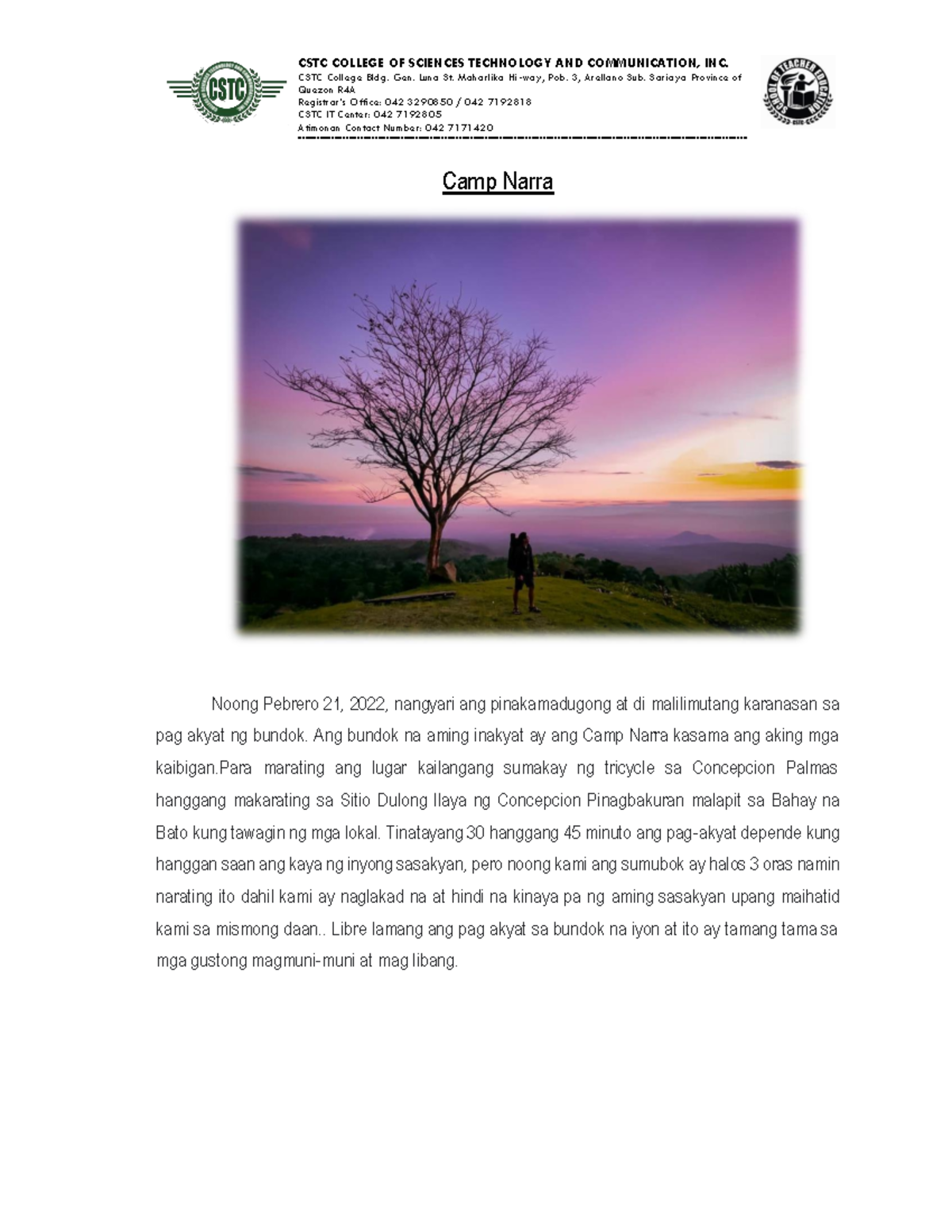 Camp Narra - LECTURE NOTES - CSTC COLLEGE OF SCIENCES TECHNOLOGY AND ...