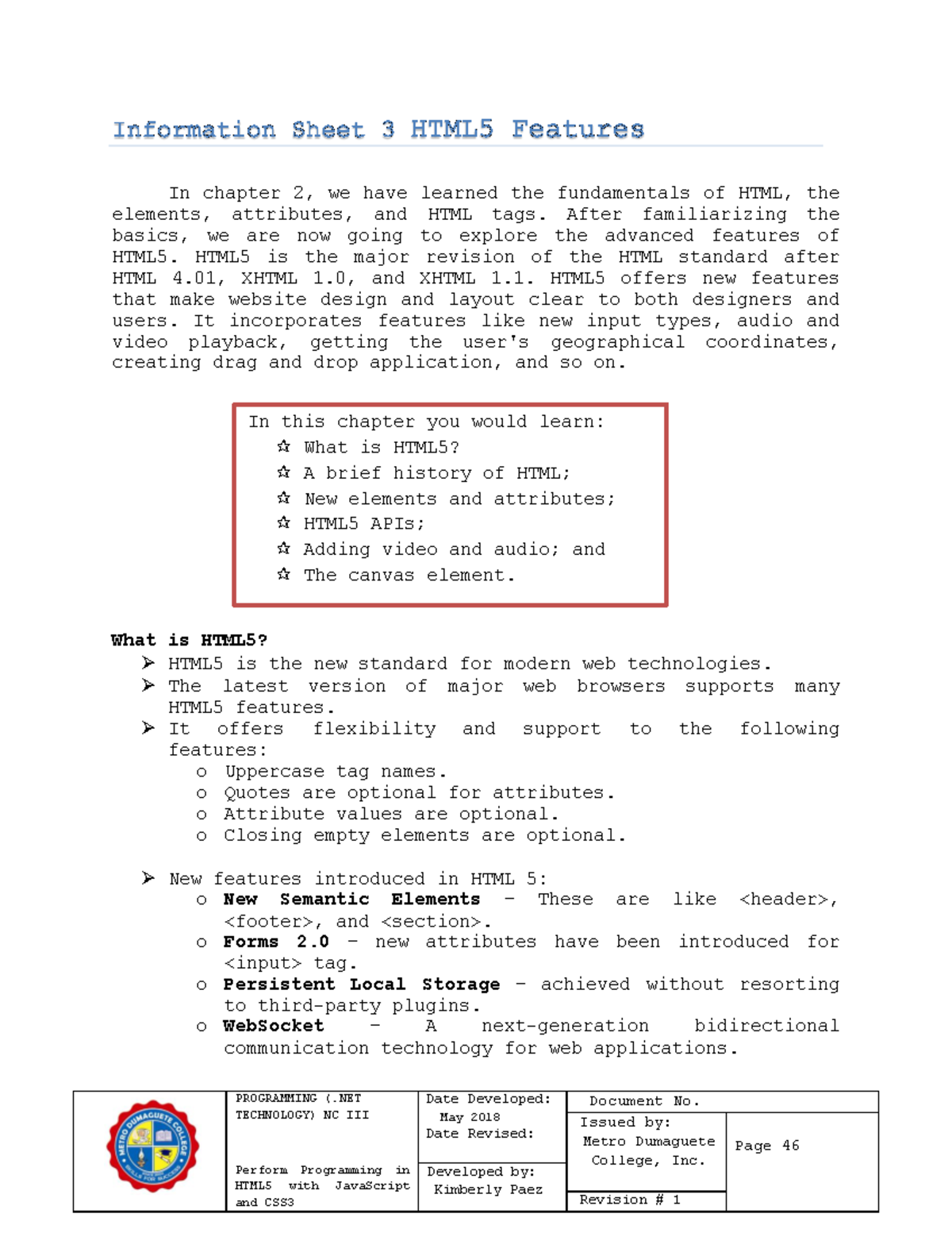 Chapter III HTML5 Features - PROGRAMMING (.NET TECHNOLOGY) NC III Perform Programming in HTML5 ...