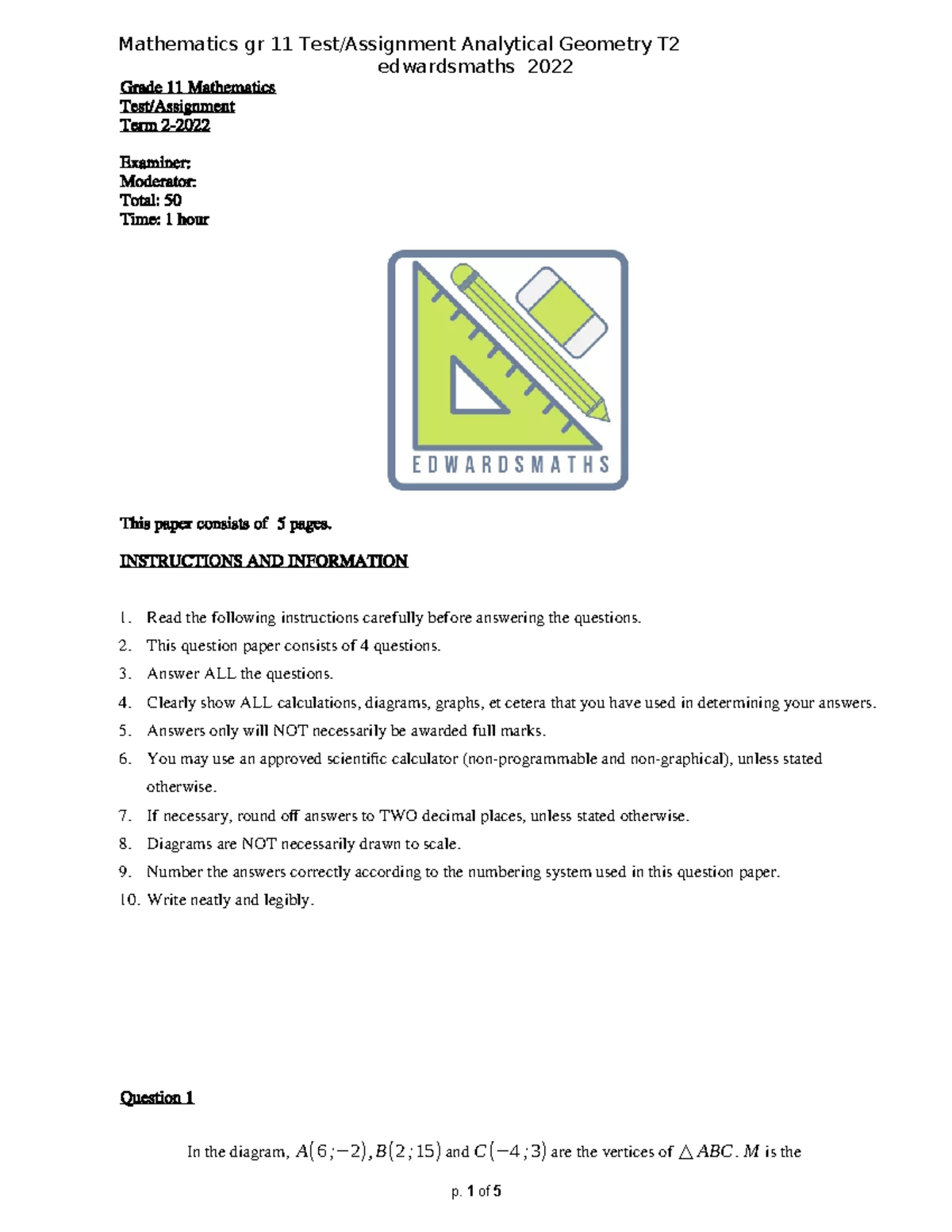 Gr 11 Edwardsmaths Test or Assignment Analytical Geometry T2 2022 Eng ...