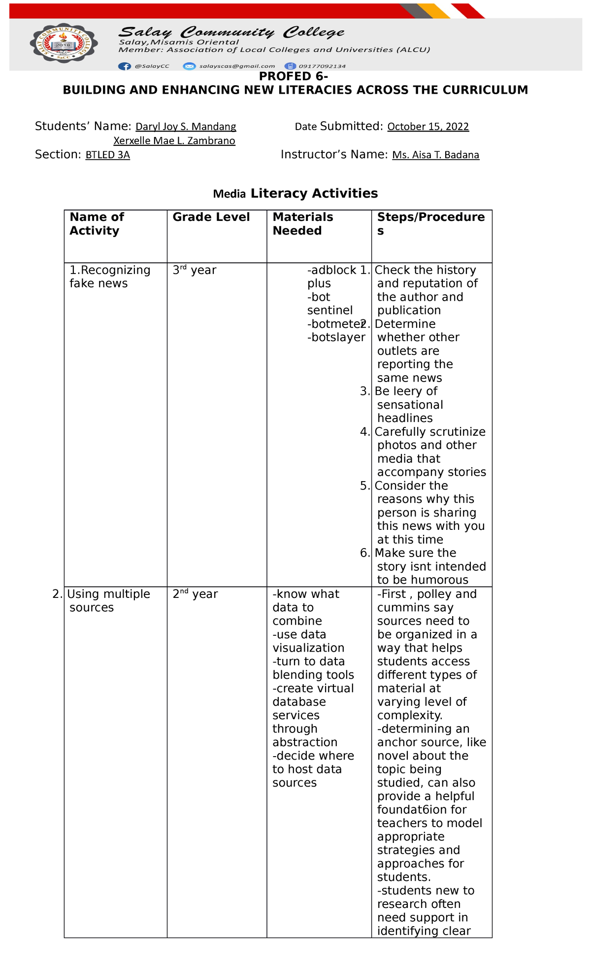 Social Literacy Activities - PROFED 6- BUILDING AND ENHANCING NEW ...