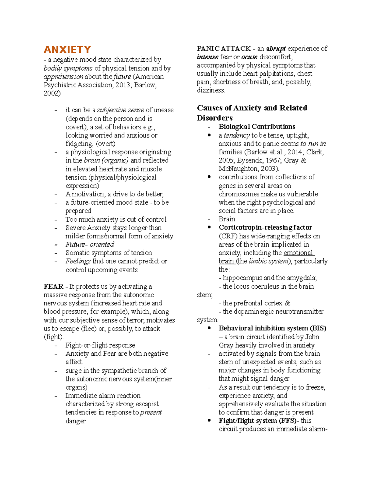 Anxiety - A Summary of Abnormal Psychology notes. - ANXIETY - a ...