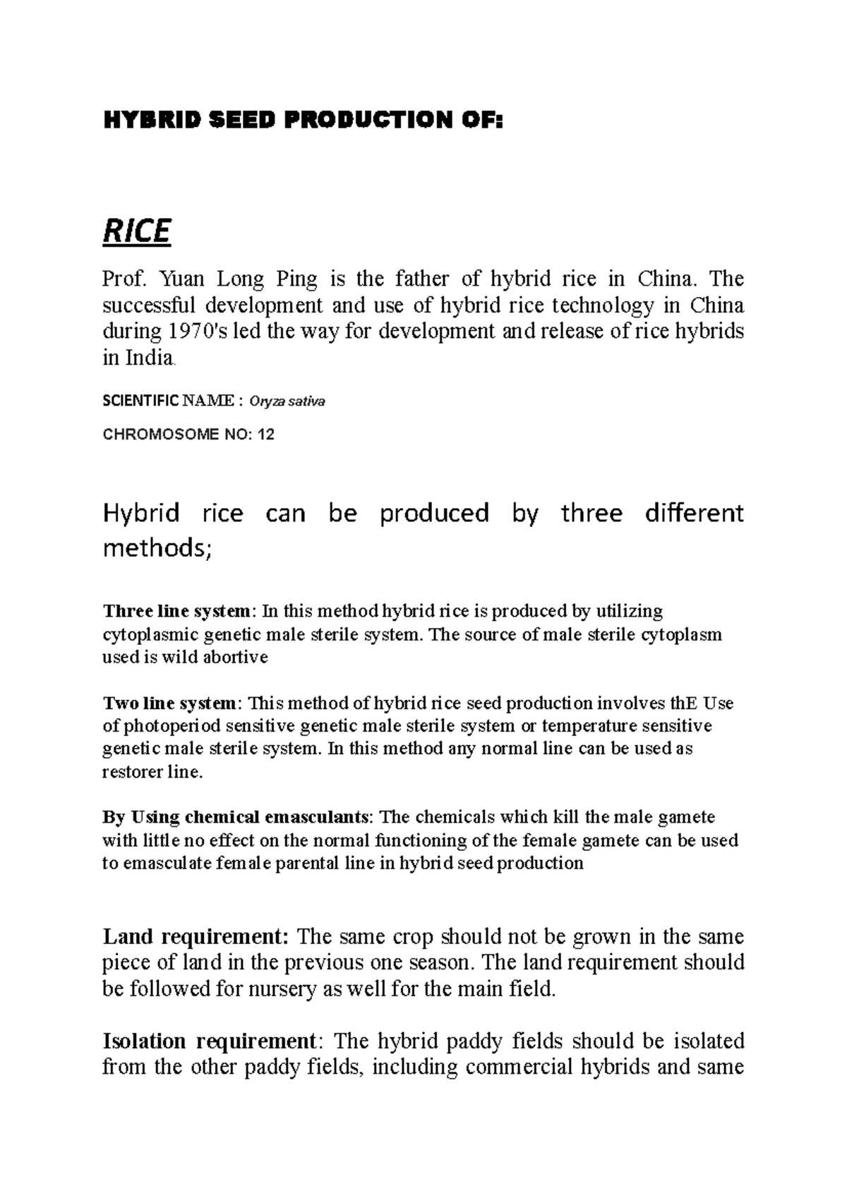 Hybrid SEED Production OF rice - HYBRID SEED PRODUCTION OF: RICE Prof ...