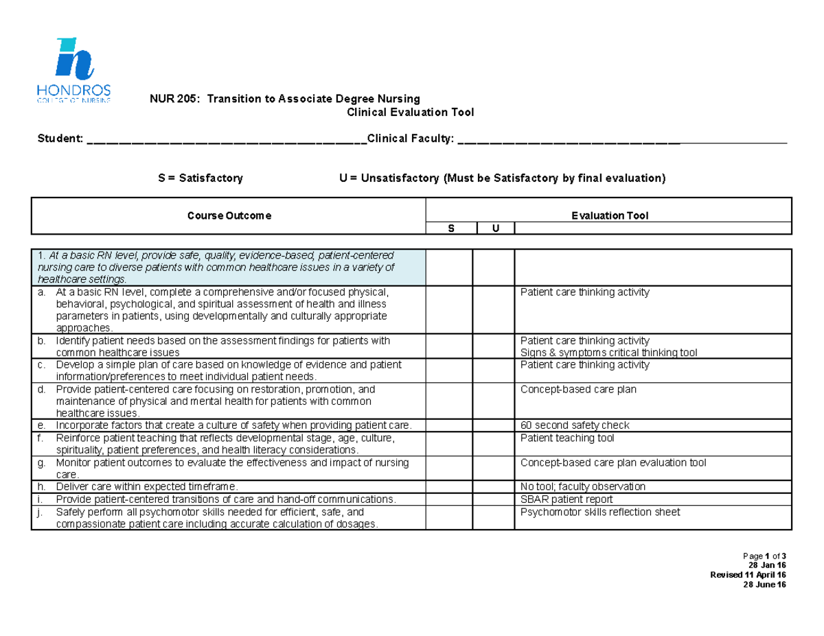 NUR 205 Clinical Evaluation Tool - NUR 205: Transition to Associate ...
