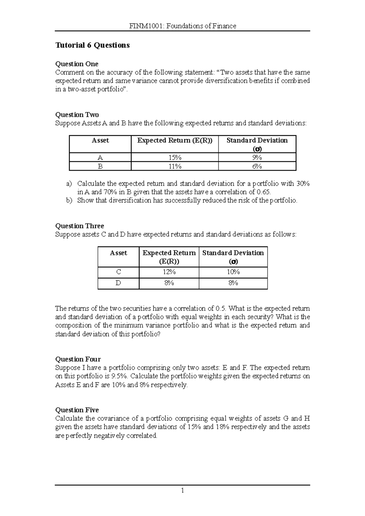 Tutorial 6 Questions - FINM1001: Foundations of Finance Tutorial 6 ...
