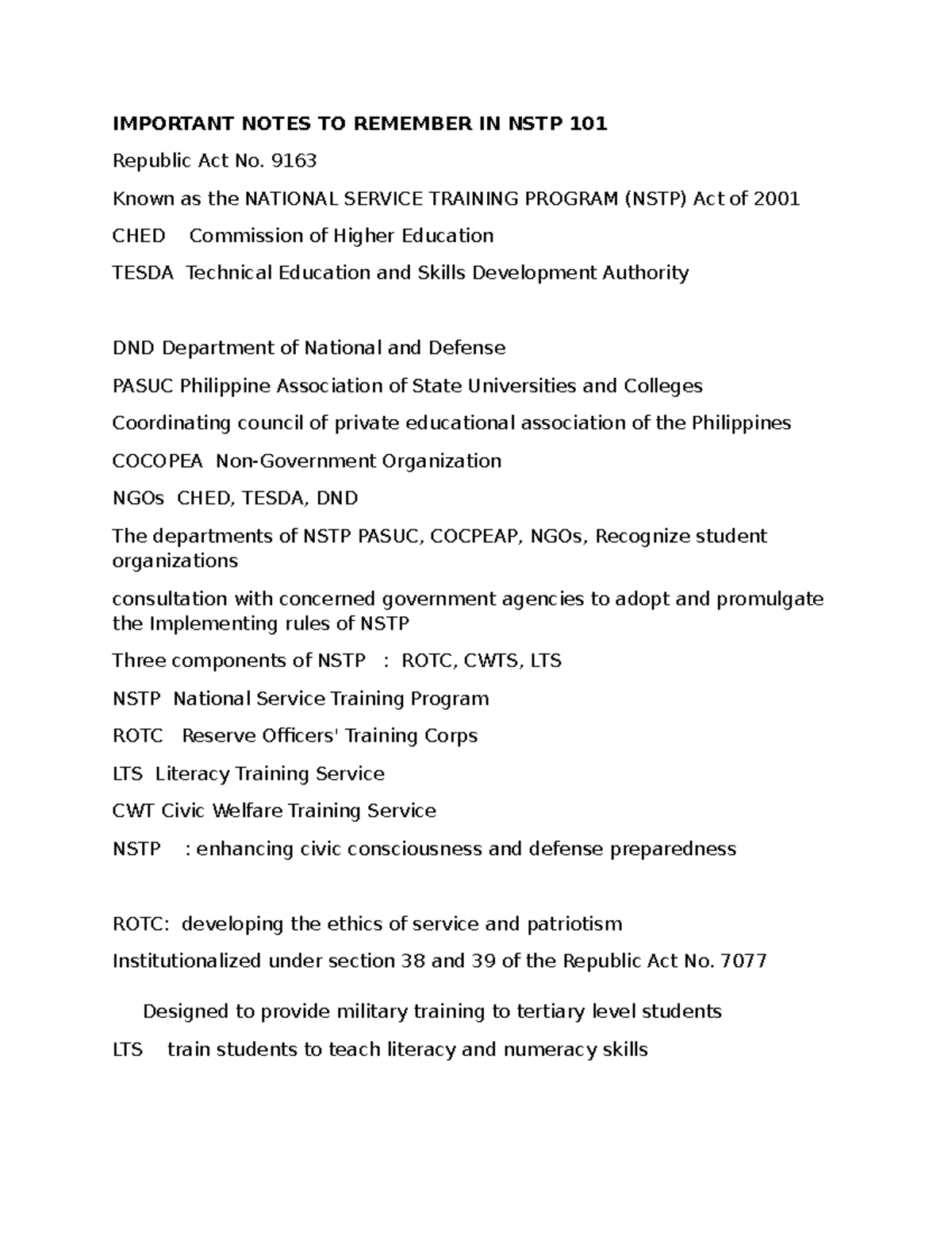 Important Notes TO Remember IN NSTP 101 - IMPORTANT NOTES TO REMEMBER ...