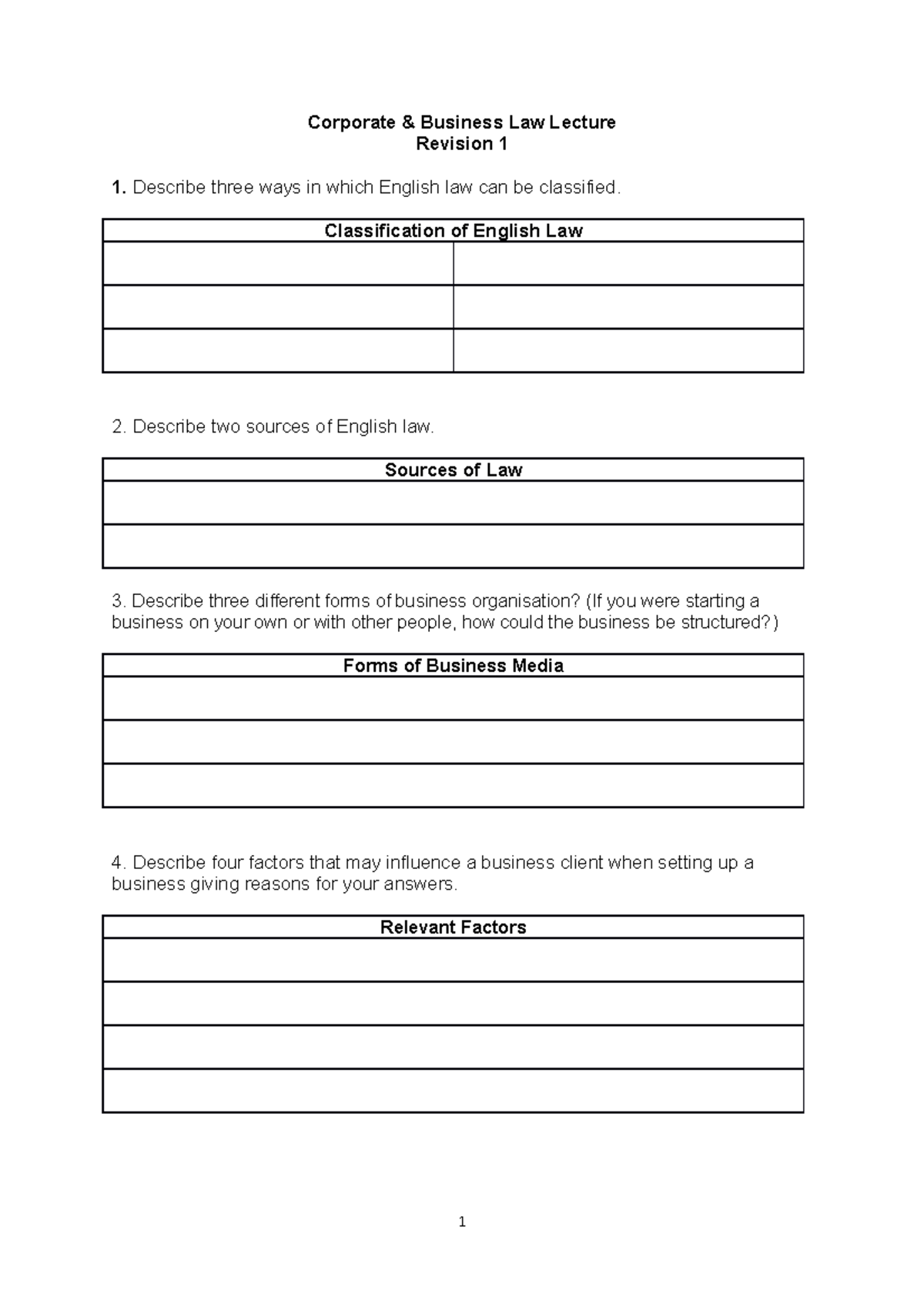 Revision 1 - Introduction and English Legal System Worksheet ...