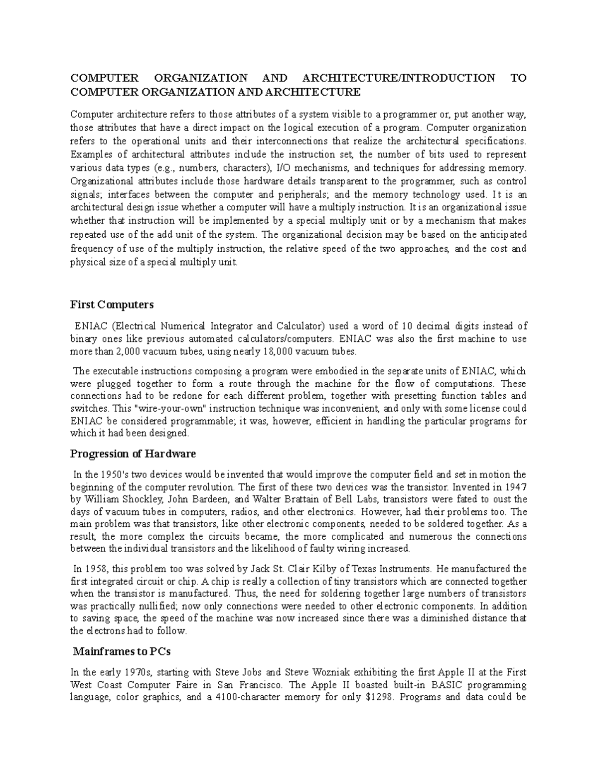 COA notes 1 - COMPUTER ORGANIZATION AND ARCHITECTURE/INTRODUCTION TO ...