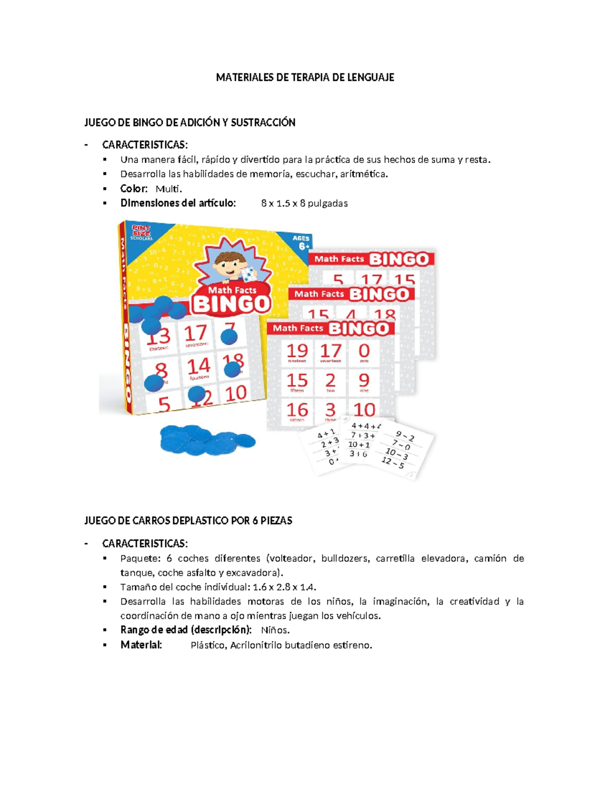 Juego DE Bingo DE Adición Y Sustracción - MATERIALES DE TERAPIA DE ...
