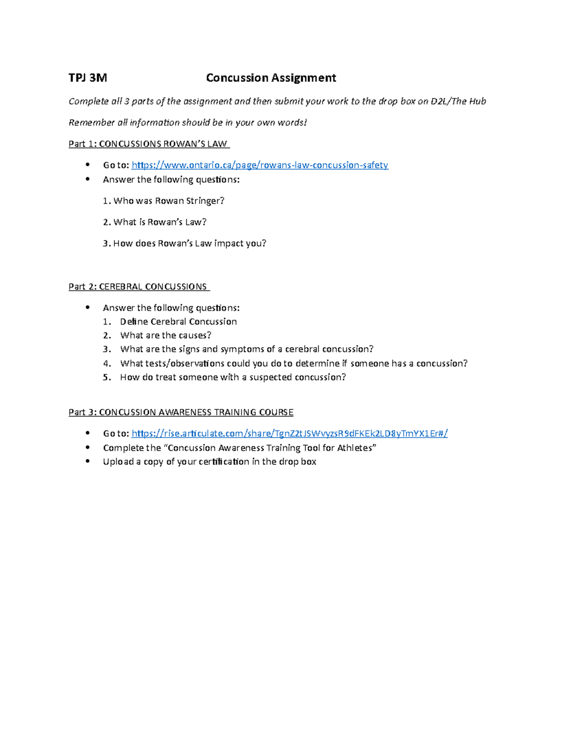 3 Concussion Assignment, #23543 - TPJ 3M Concussion Assignment Complete ...