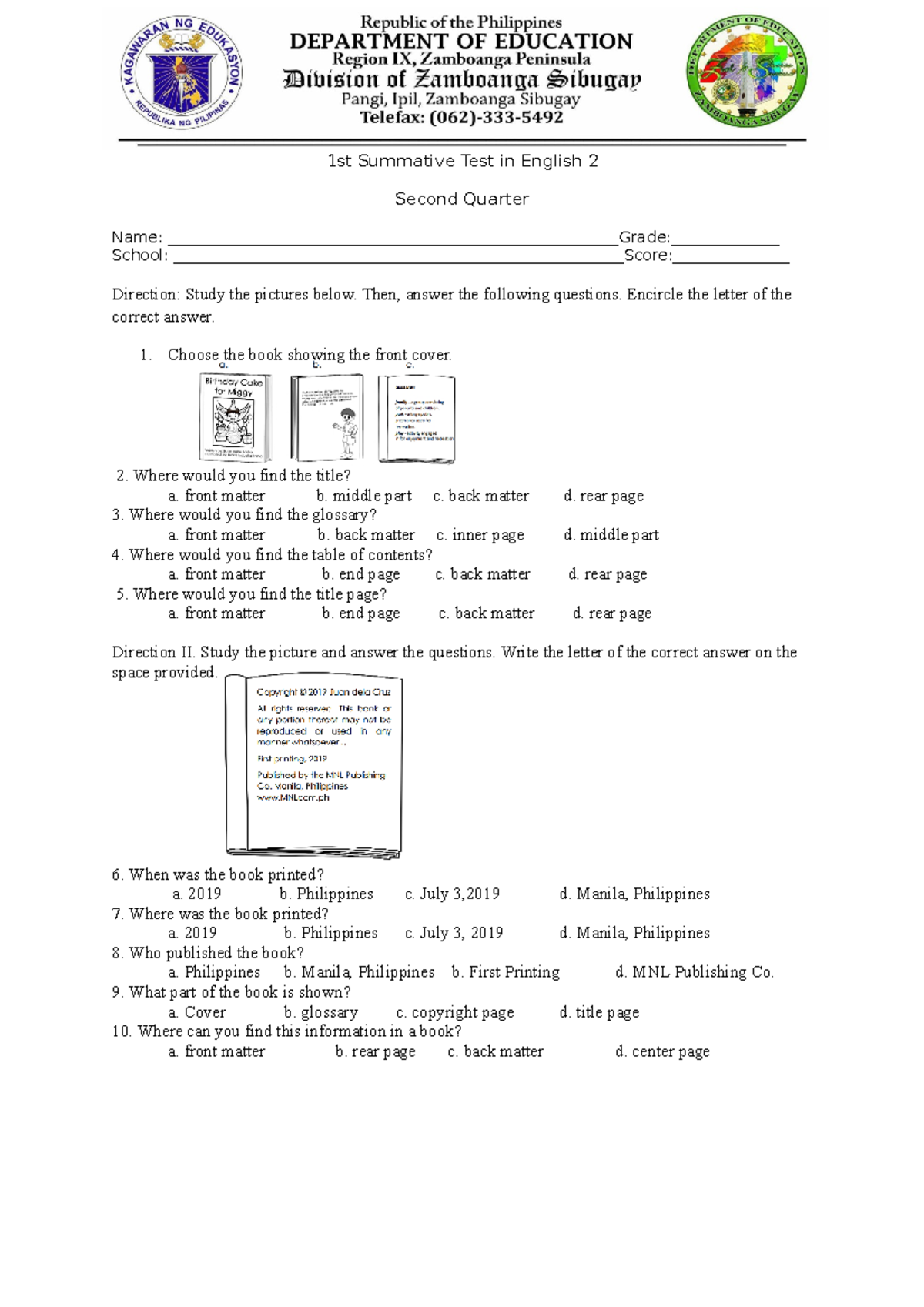1st Summative Test in English 2-2nd quarter - 1st Summative Test in ...