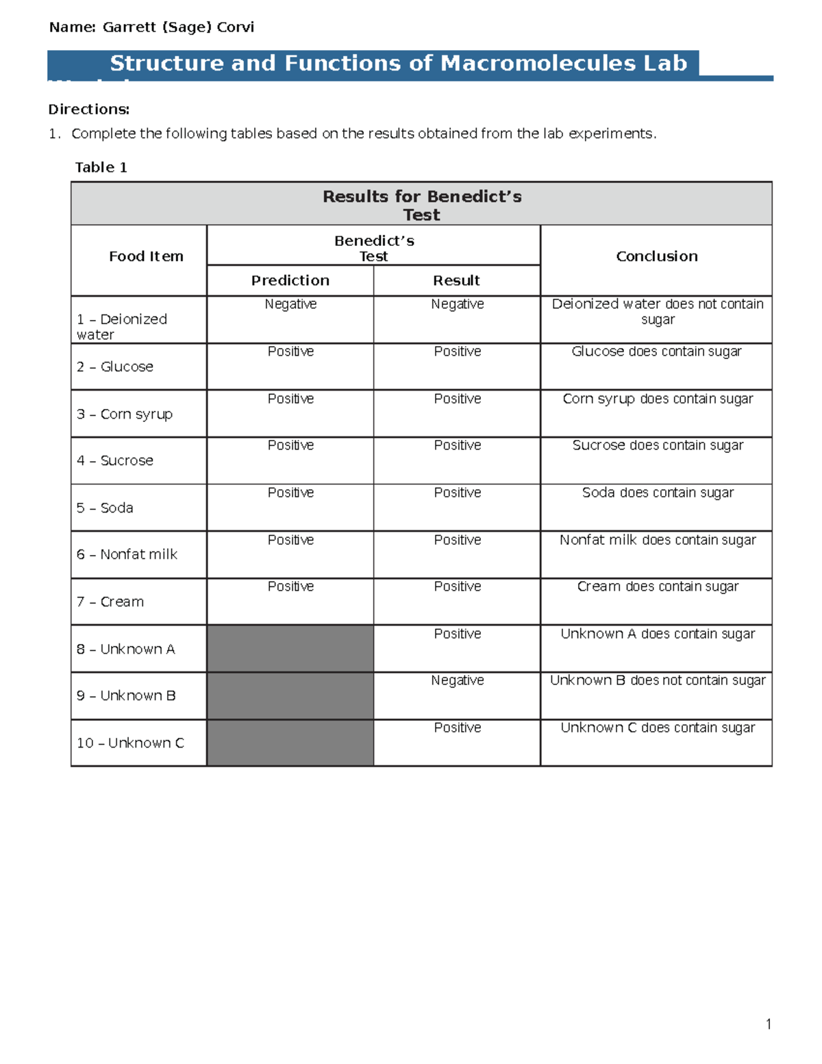 3 Macromolecules worksheet - Directions: Complete the following tables ...