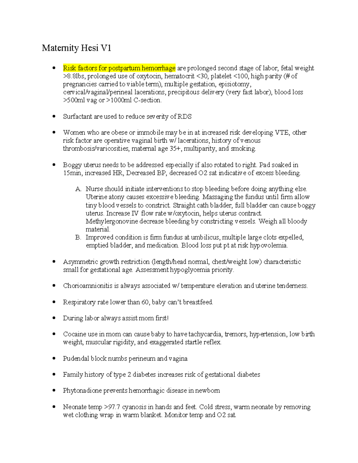 Maternity Hesi - study guide for hesi - Maternity Hesi V Risk factors ...