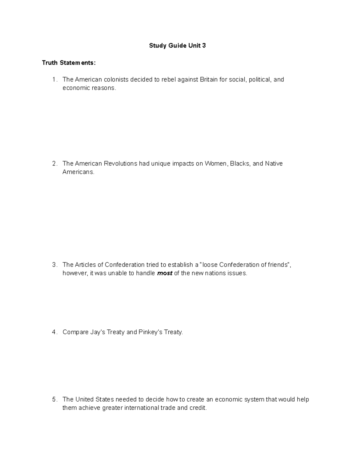 Copy of Unit 3 Study Guide - Study Guide Unit 3 Truth Statements: The ...