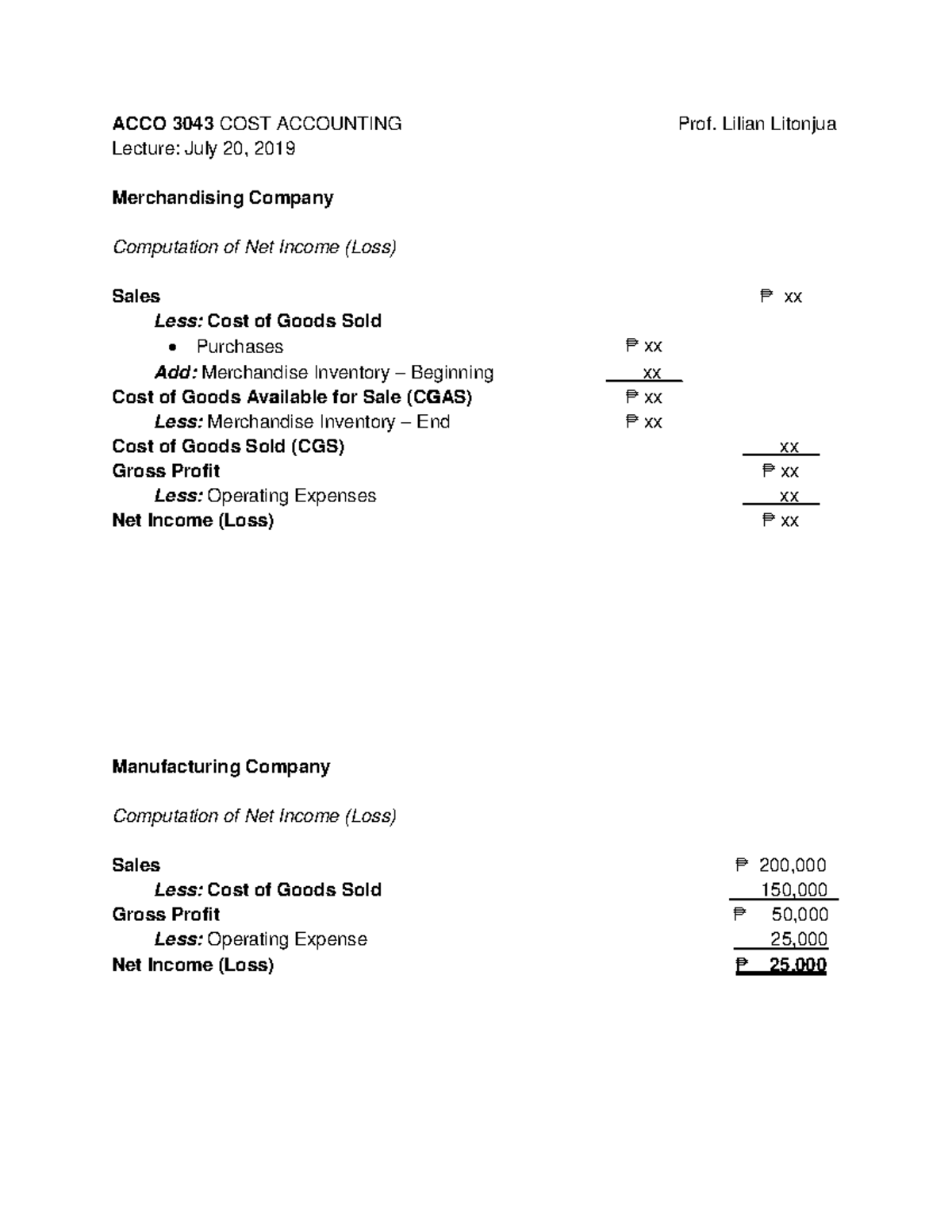 Computation Lecture - ACCO 3043 COST ACCOUNTING Prof. Lilian Litonjua ...