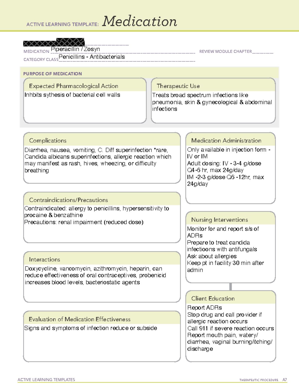 Piperacillin med card - ACTIVE LEARNING TEMPLATES THERAPEUTIC PROCEDURE ...