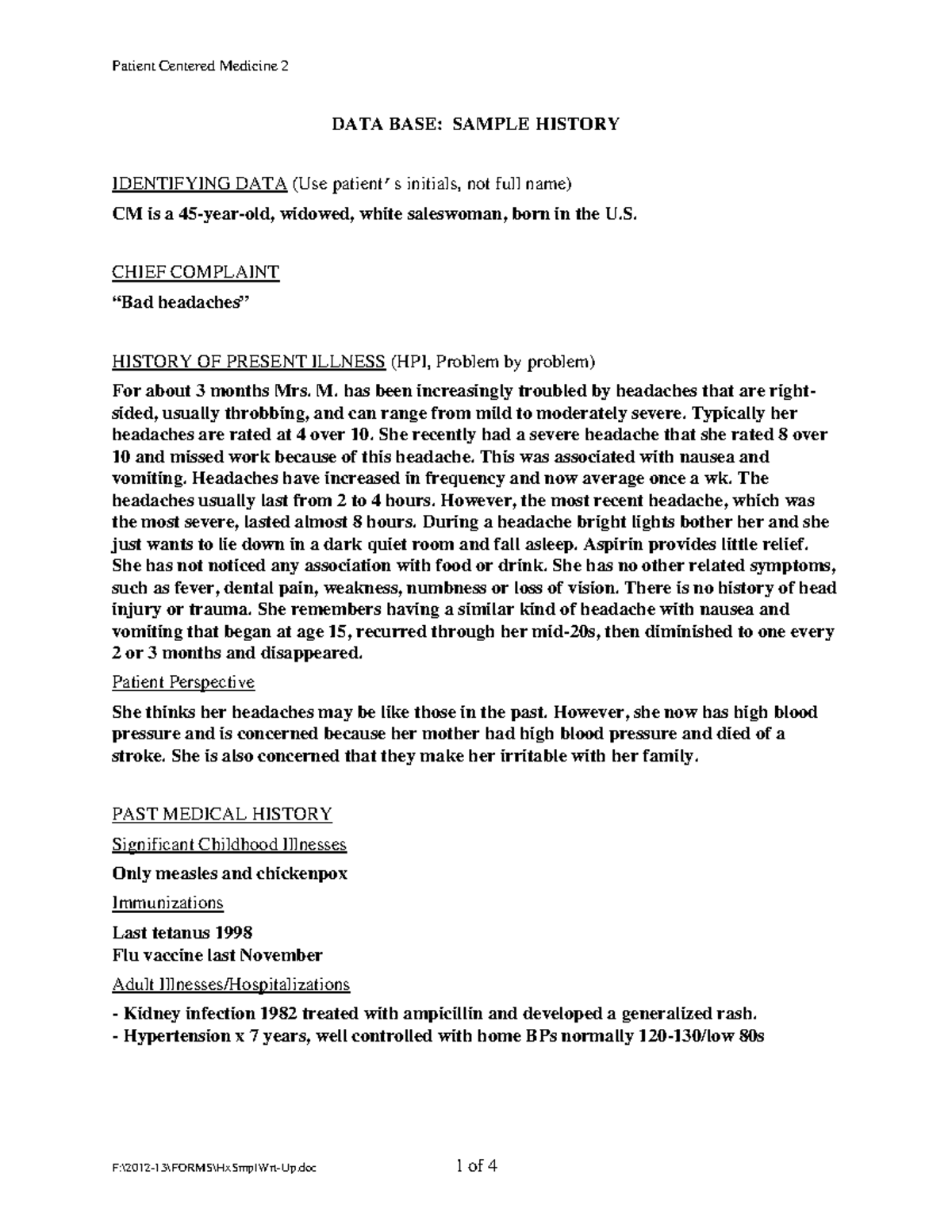 EMR exmple - soap notes - DATA BASE: SAMPLE HISTORY IDENTIFYING DATA ...