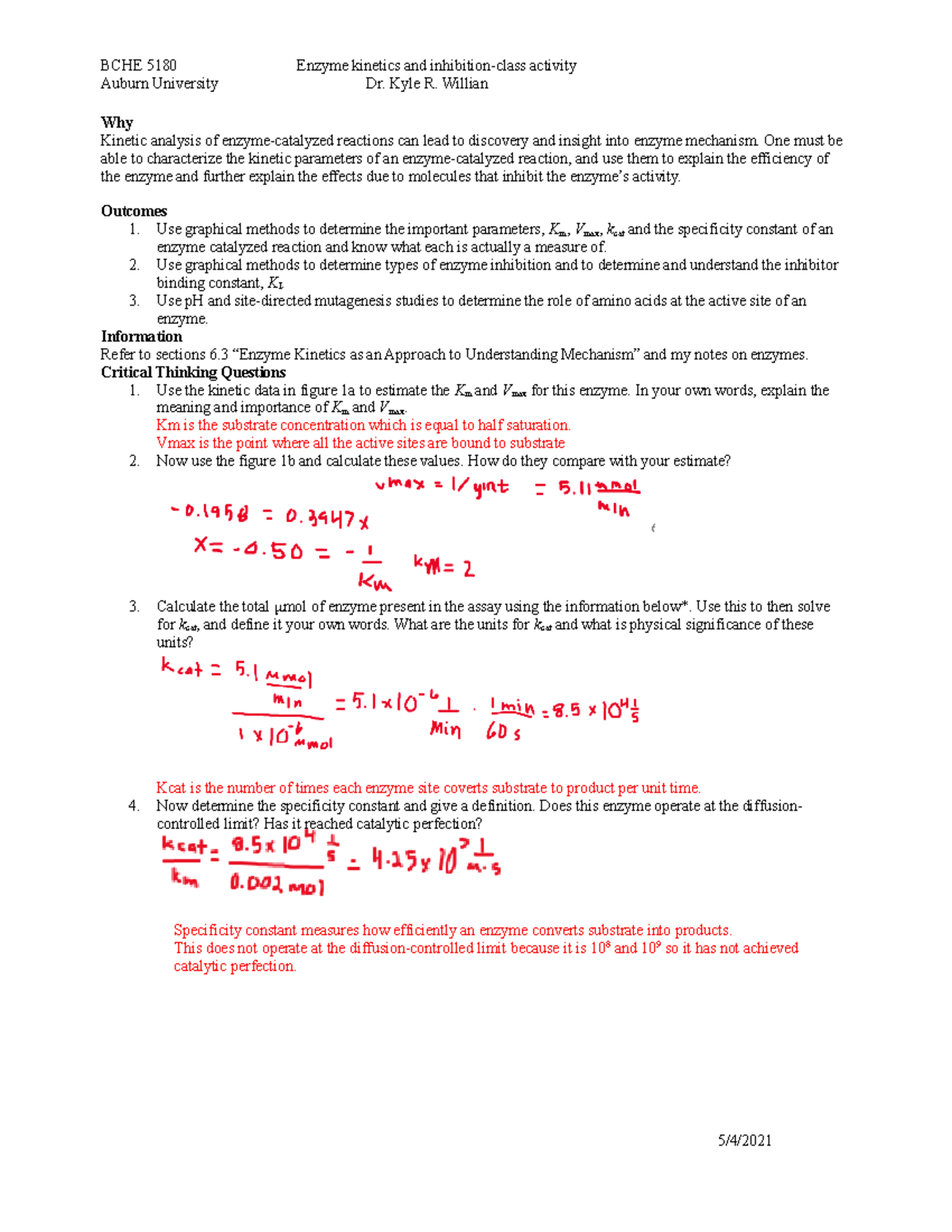 Enzyme kinetics inhibitors su2020 worksheet - BCHE 5180 Enzyme kinetics ...