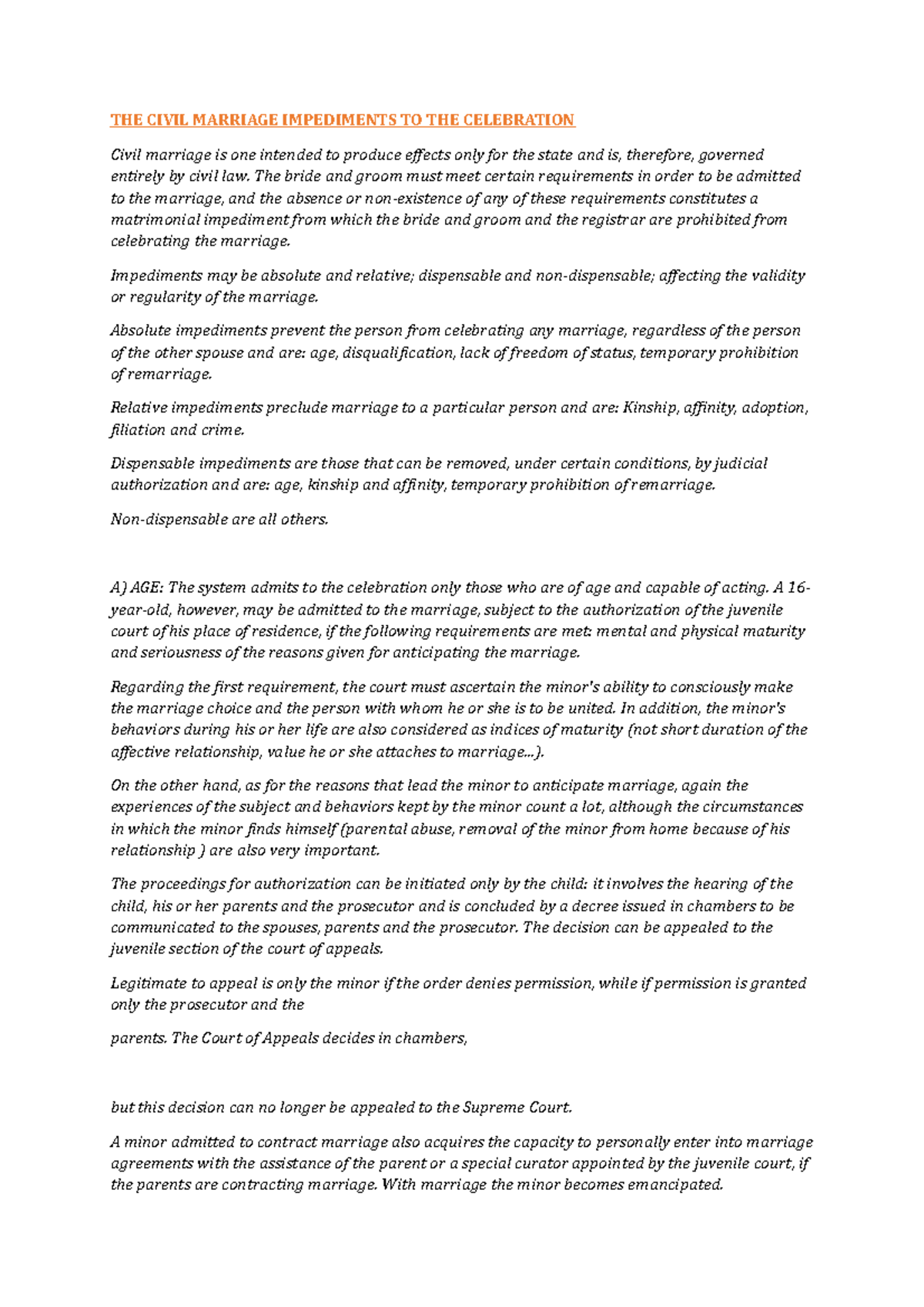 THE Civil Marriage Impediments TO THE Celebration 4 - THE CIVIL ...