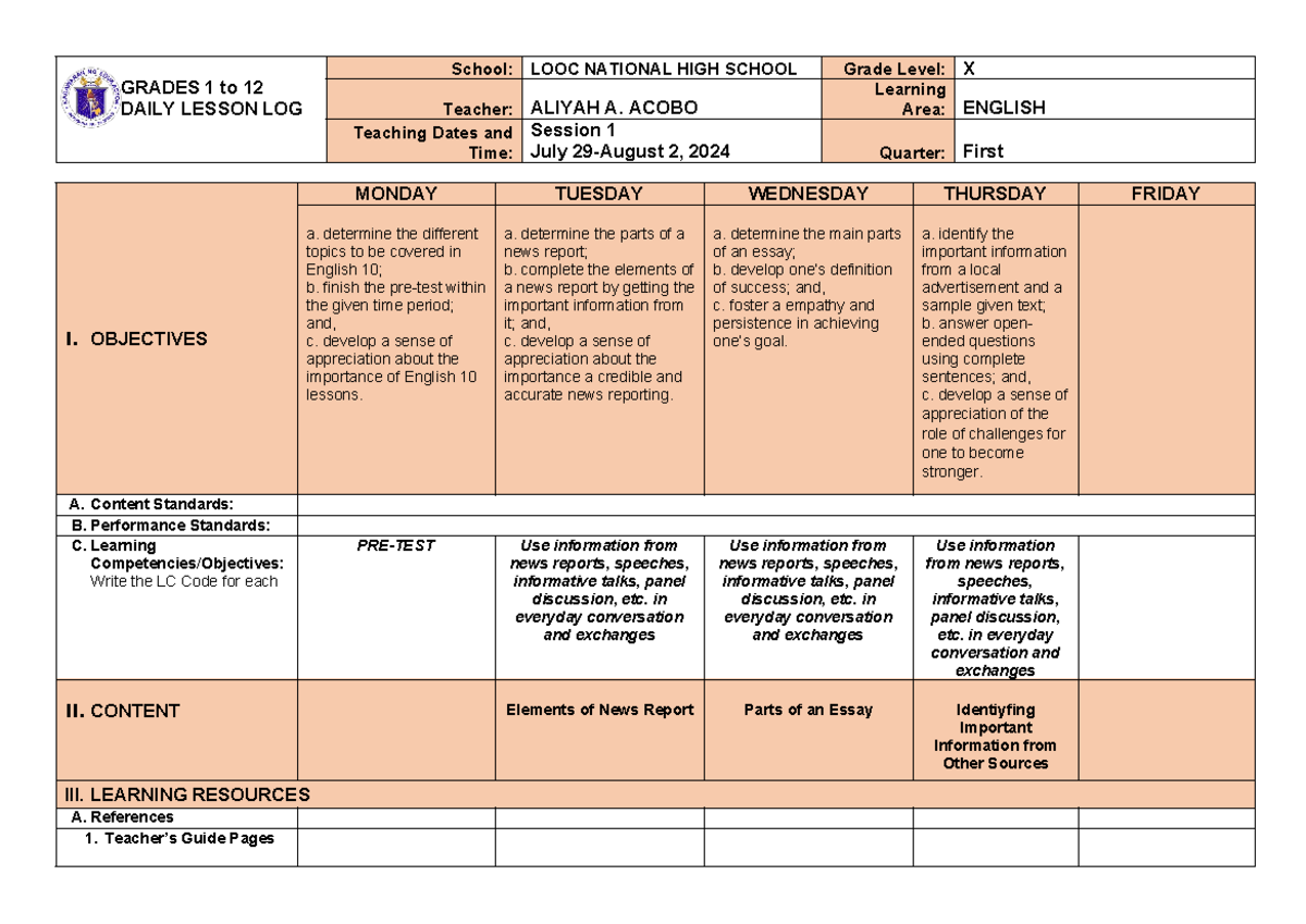Daily Lesson Log - GRADES 1 to 12 DAILY LESSON LOG School: LOOC ...