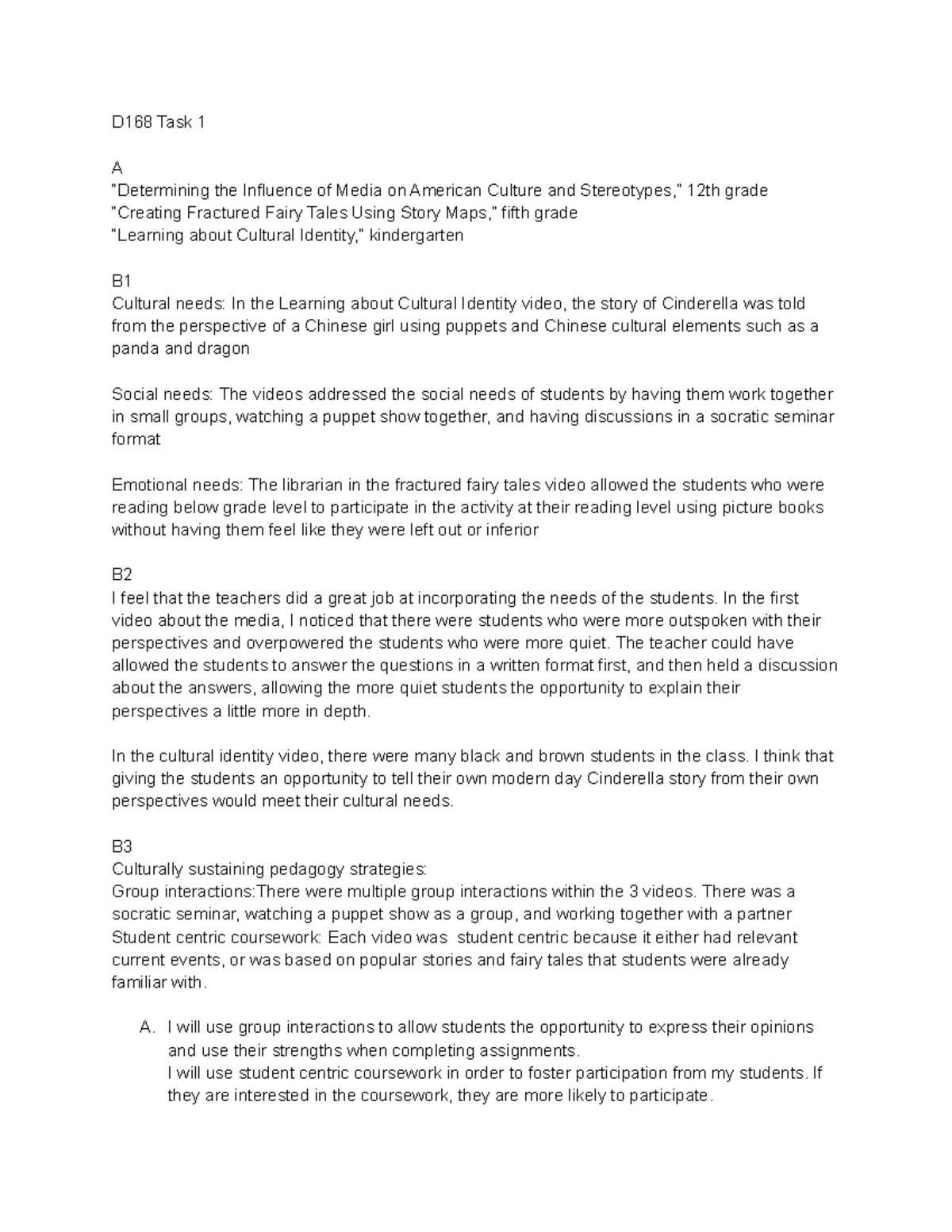 D168 Task 1 - passed - D168 Task 1 A “Determining the Influence of ...